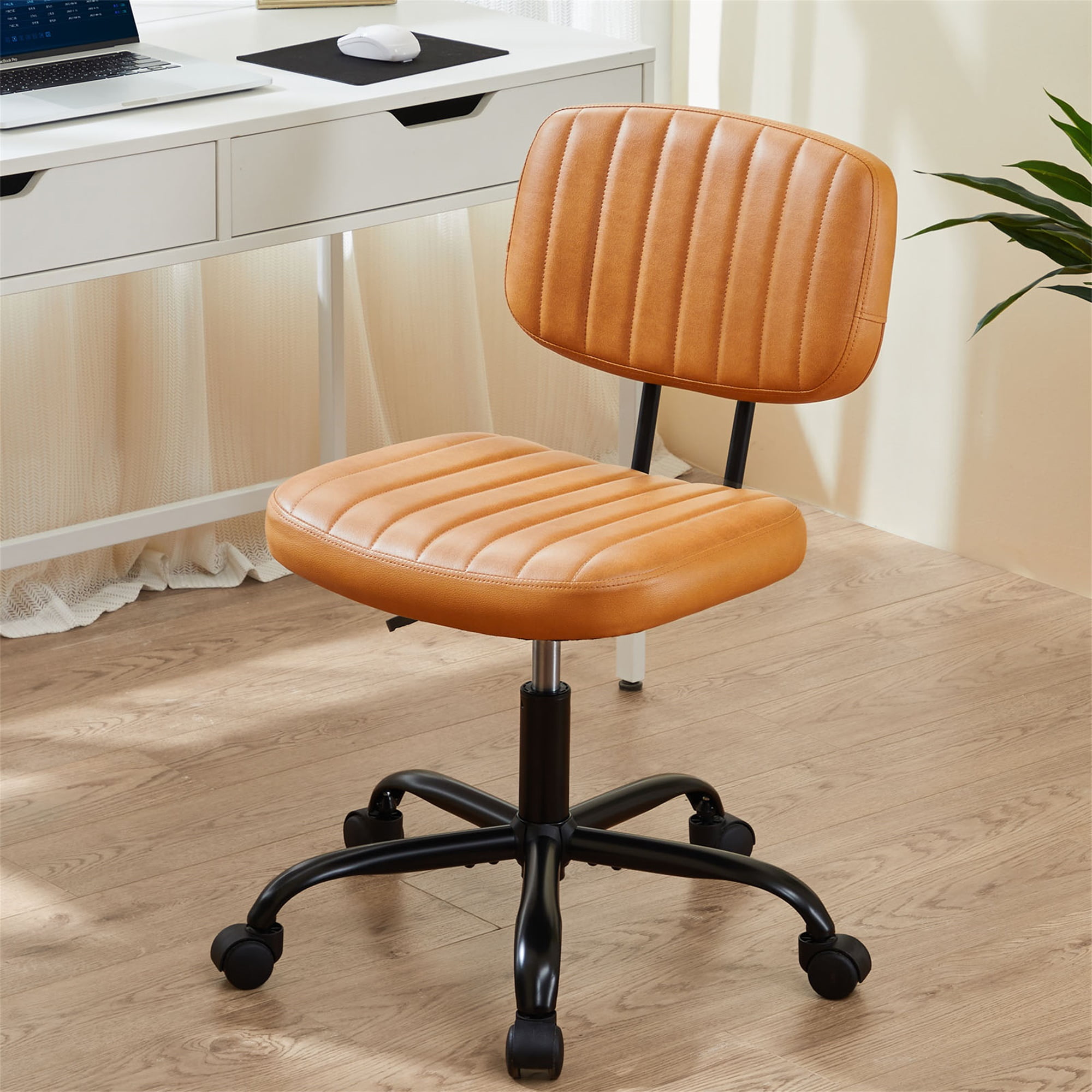 Spaco Small Home Office Chair Cross Legged Armless Wide Adjustable Swivel Padded Fabric Home Office Desk Chair with Wheel Brown