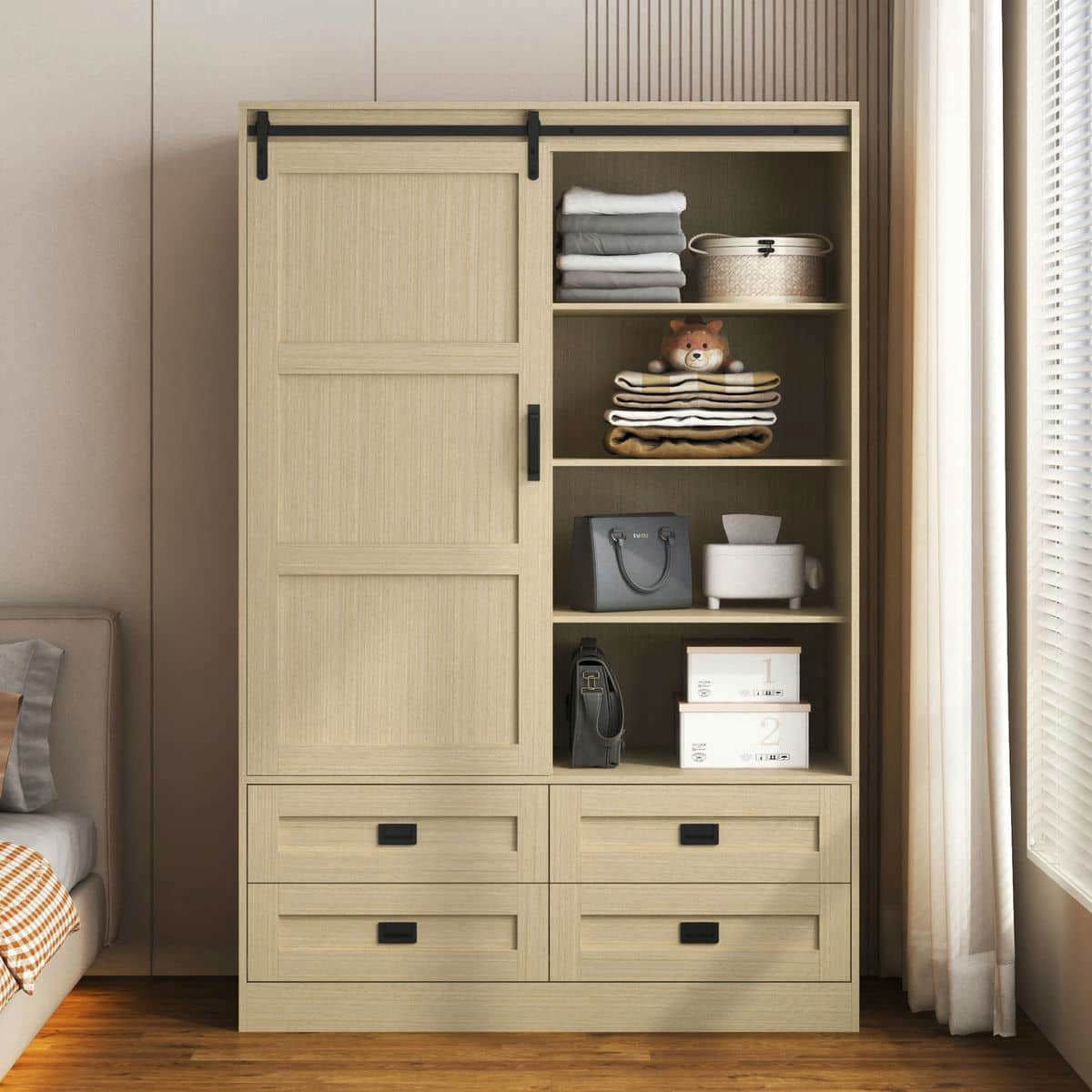 Spaco Tall Bedroom Wardrobe with Drawers and Open Shelves, Closet ...