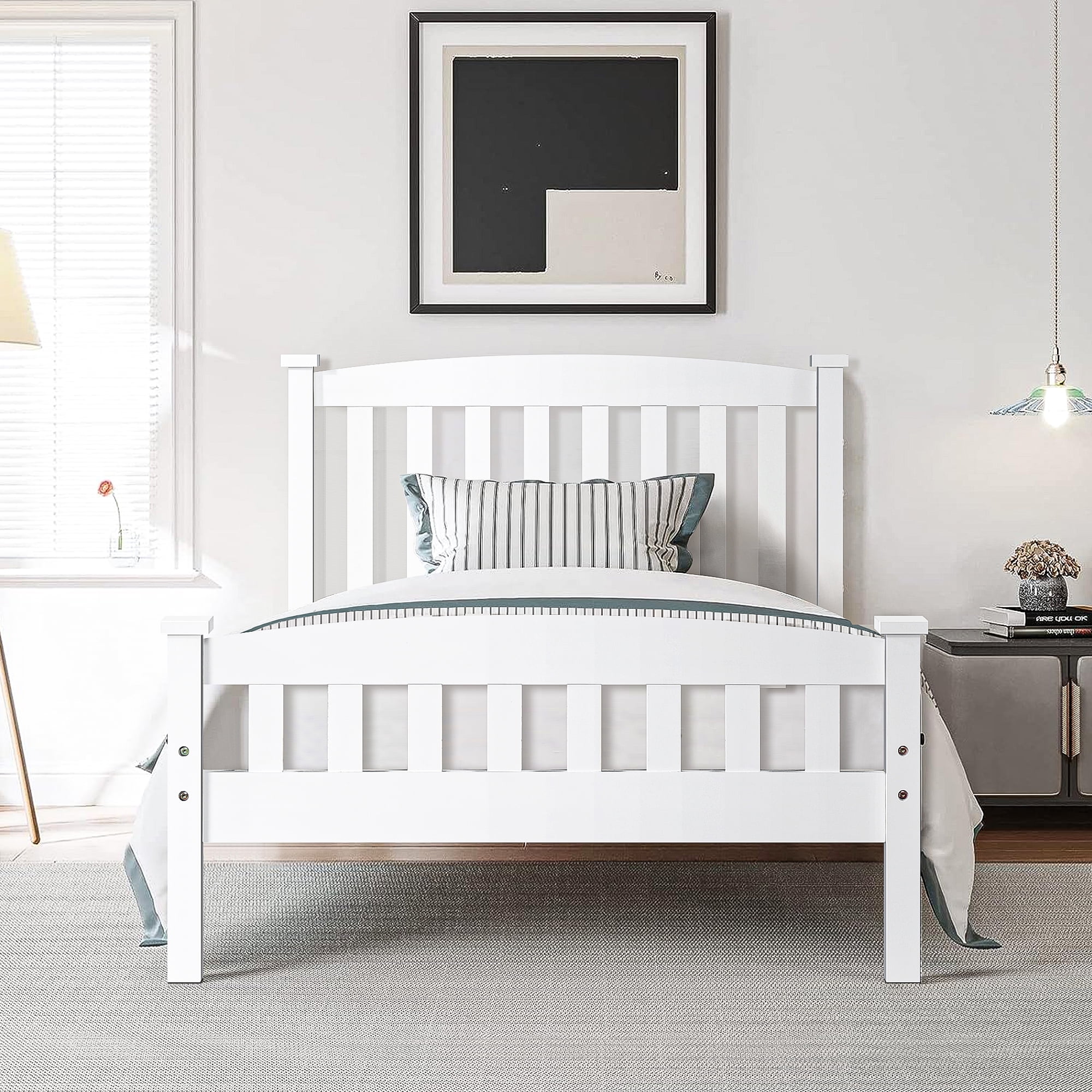 Spaco Strong Wooden Twin Bed Frame with Headboard for Kids Adults, Twin ...