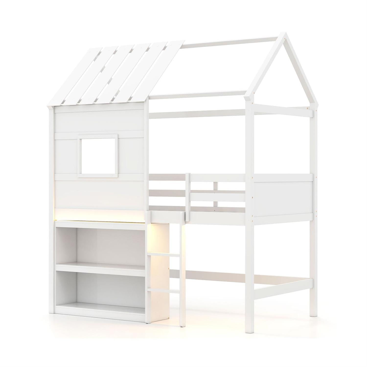 Spaco Twin Size Loft Bed, LED Light Roof & Window, Built-in Bookshelf ...