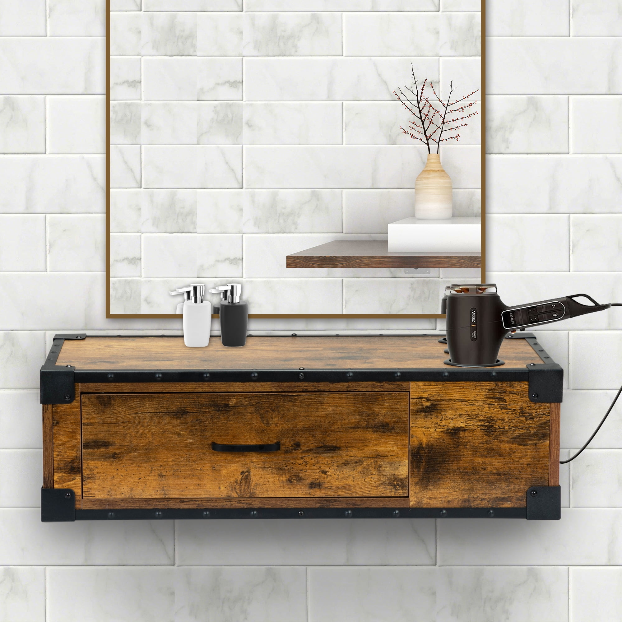 Spaco Wall-Mounted Wooden Salon Station, Beauty Styling Table, with 3 ...