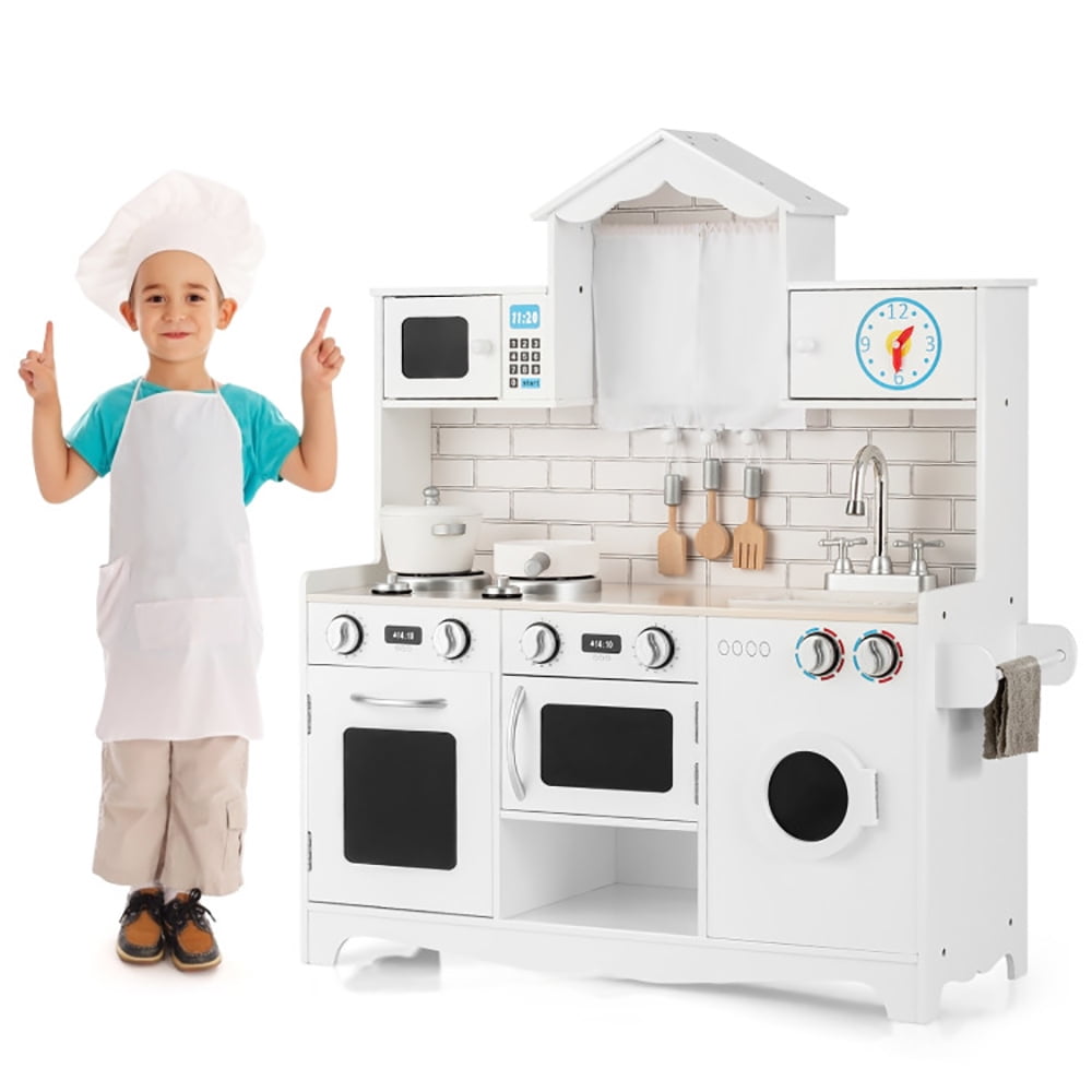 Spaco Wooden Kids Kitchen with Washing Machine, Kids Play Kitchen for ...