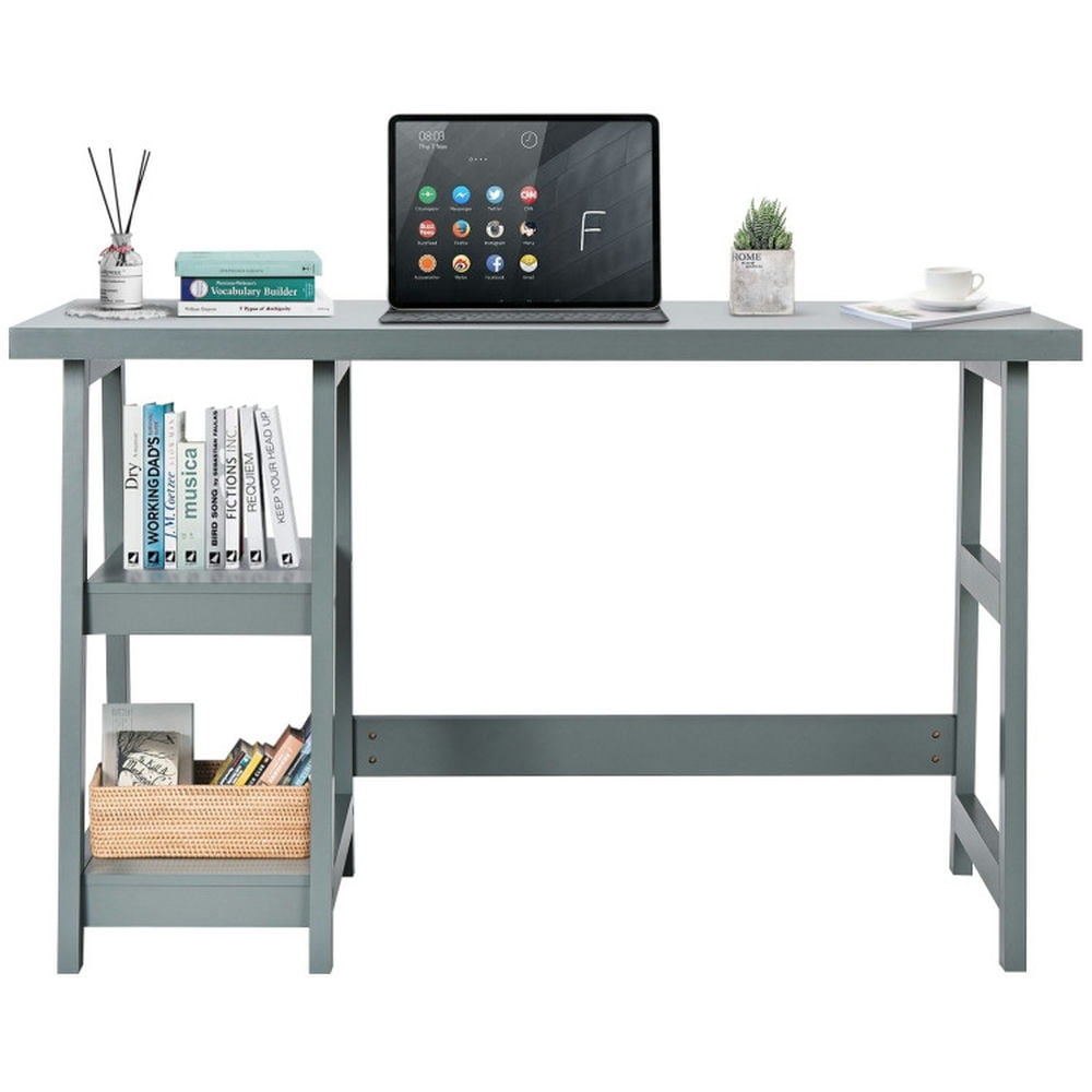 Spaco Wooden Trestle Computer Desk with 2-Tier Removable Shelves-Gray ...
