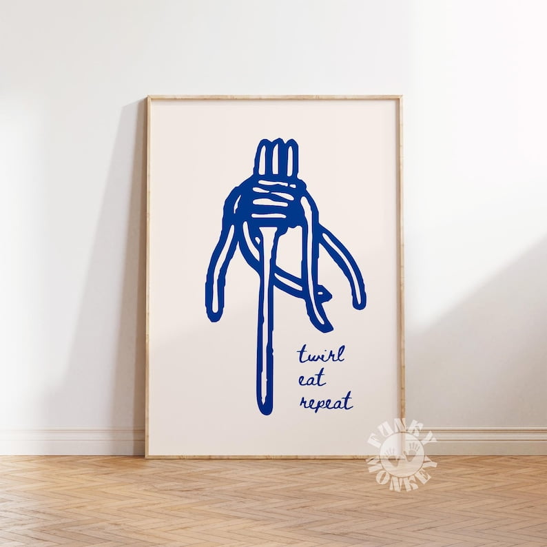 Spaghetti Art Print Navy Blue Pasta Kitchen Italian Food Twirl Eat ...