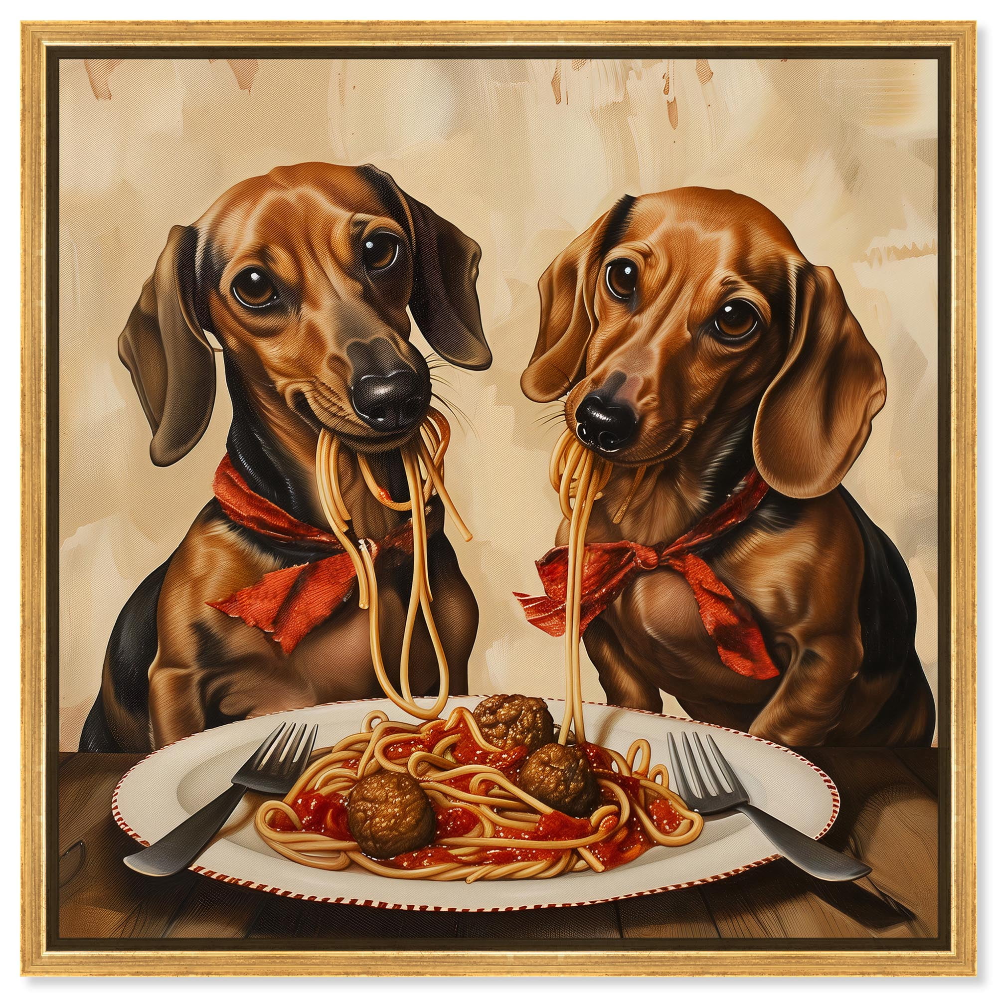 Spaghetti Date II Canvas Cute Pet Art Prints by Art Remedy, Gold Frame ...