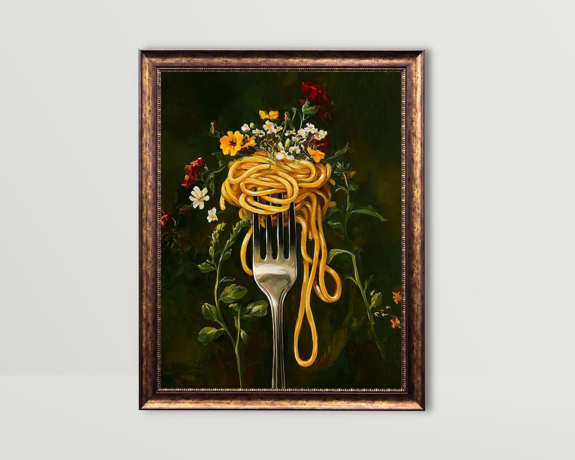 Spaghetti On Fork, Pasta Wall Art Moody Whimsical Kitchen Decor Fun ...