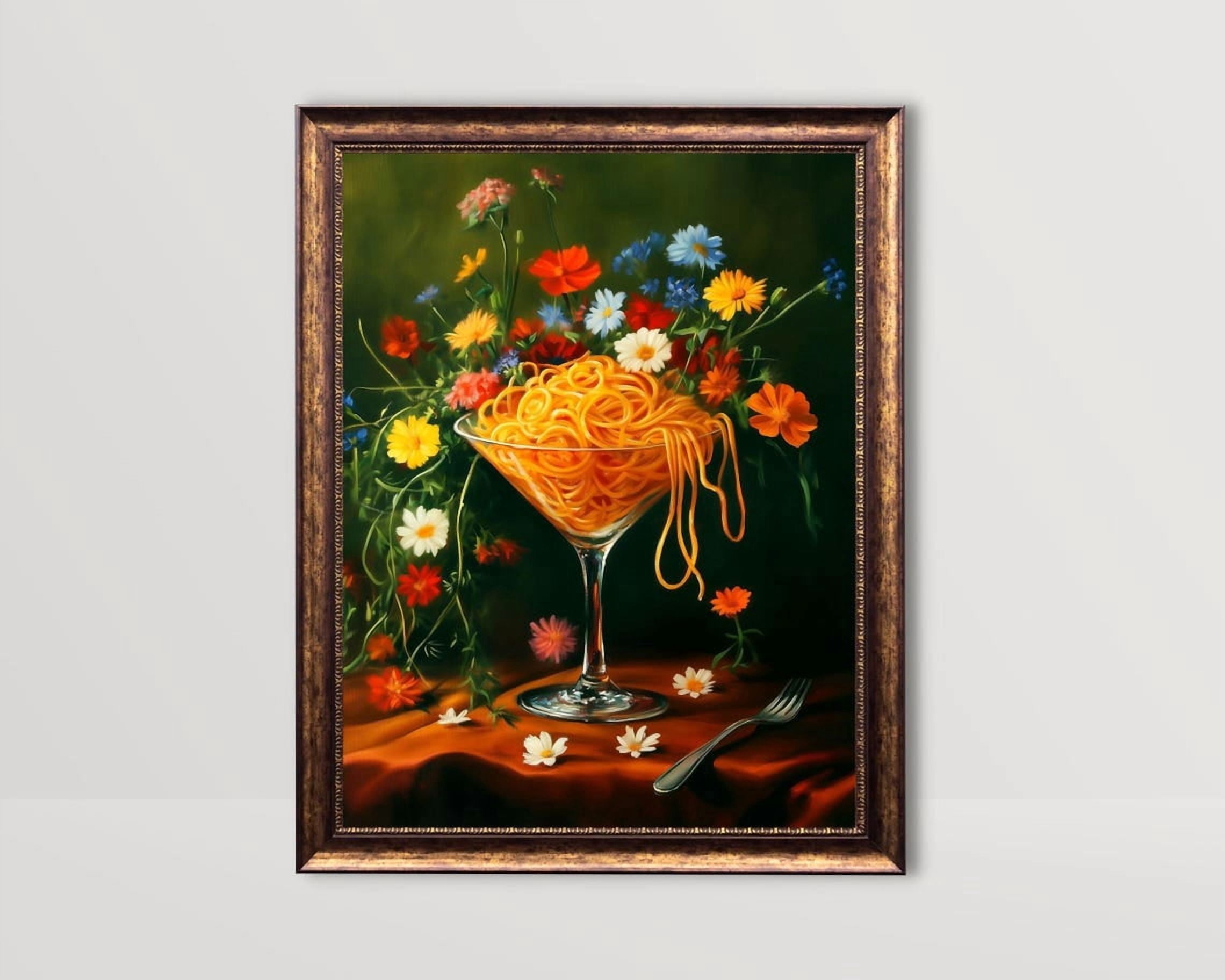 Spaghetti In Martini Glass, Pasta Wall Art Green Whimsical Kitchen ...