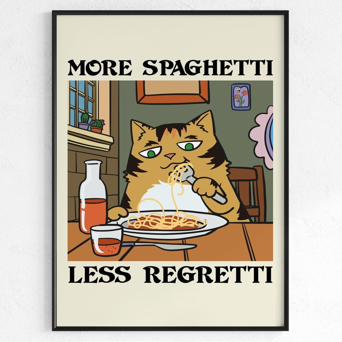 More Spaghetti Less Regretti Retro Motivation Poster Home Office, Cat ...