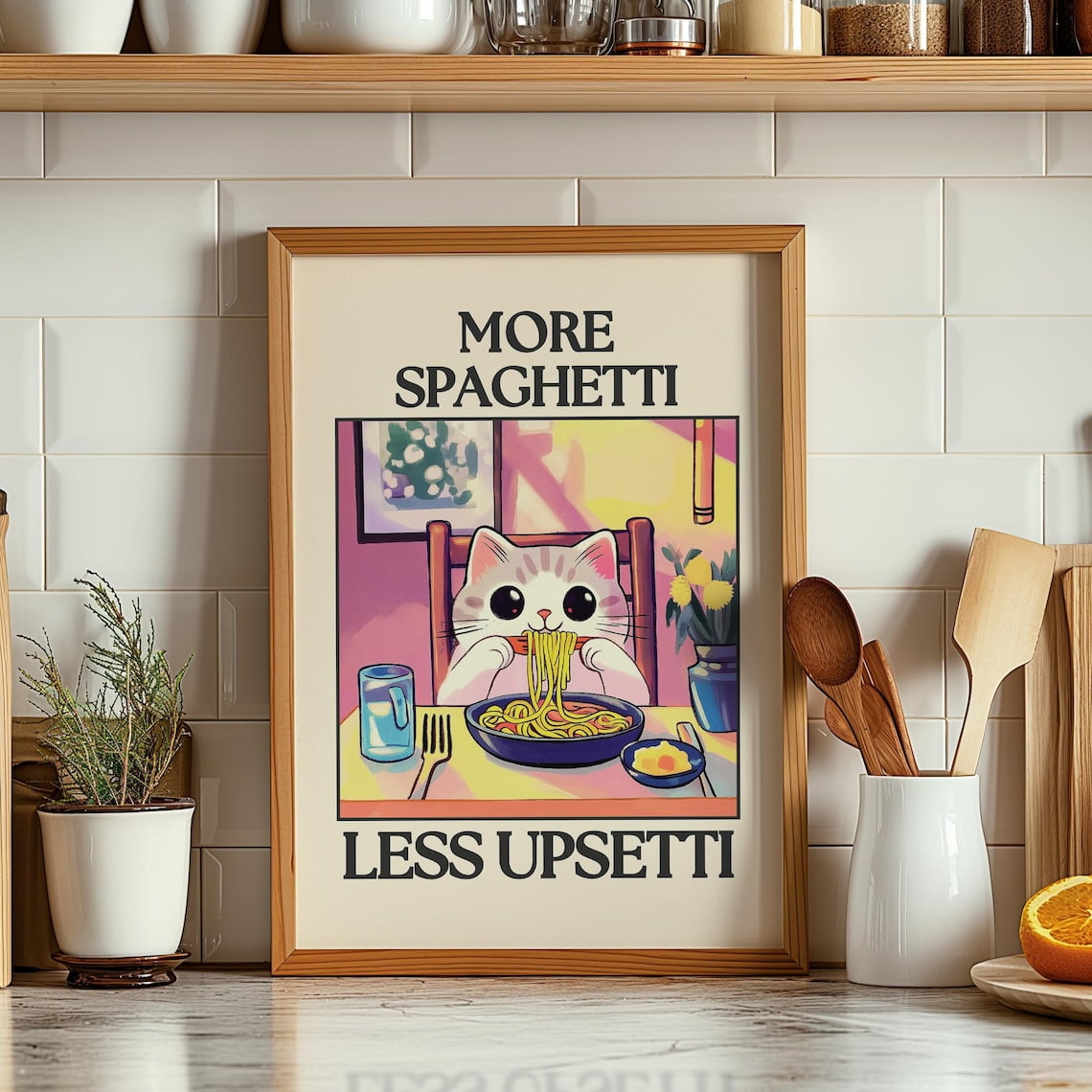 More Spaghetti Less Upsetti Cat Matte Paper Poster, Retro Diner Print ...