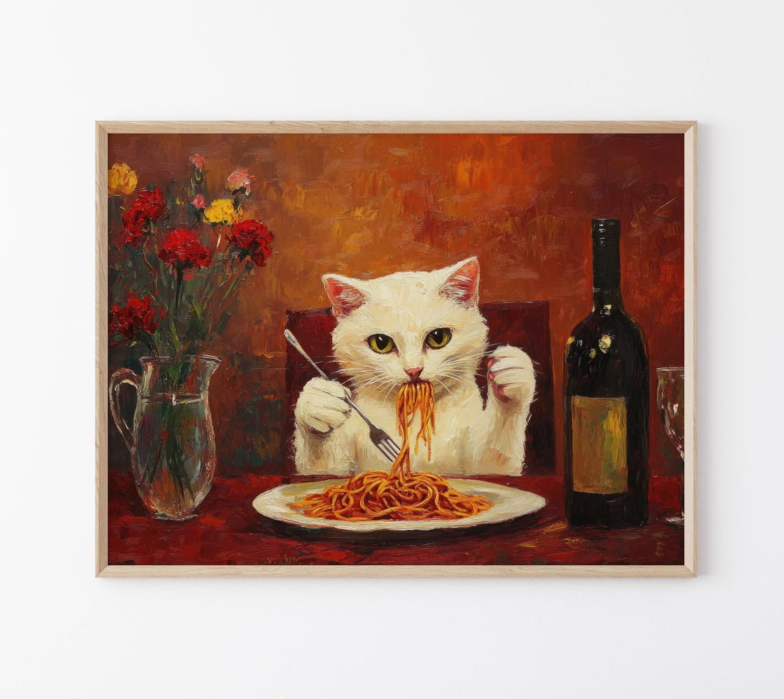 More Spaghetti Less Upsetti Cat Oil Painting Print, Diner Poster ...