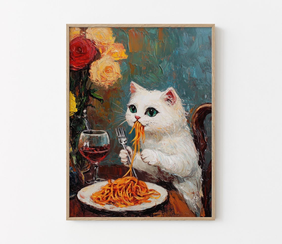 More Spaghetti Less Upsetti Cat Oil Painting Print, Diner Poster, Bistro Dining Pasta Print ...