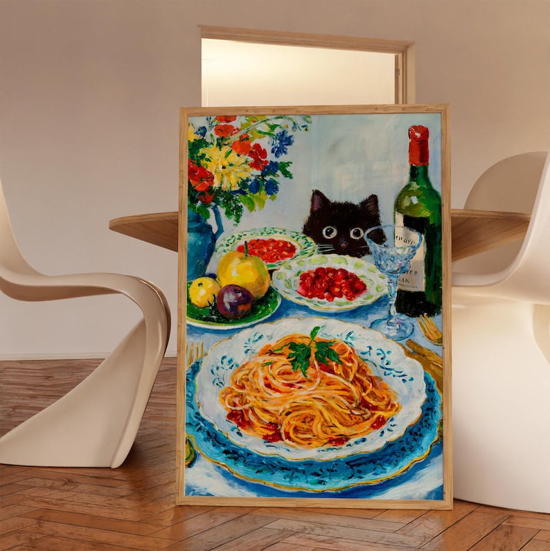 More Spaghetti Less Upsetti Cat Print Dinner Poster Bistro Dining Pasta ...