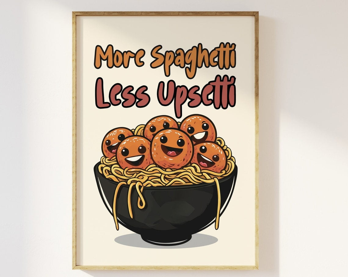 More Spaghetti Less Upsetti Retro Character Kitchen Print - Pasta Print ...