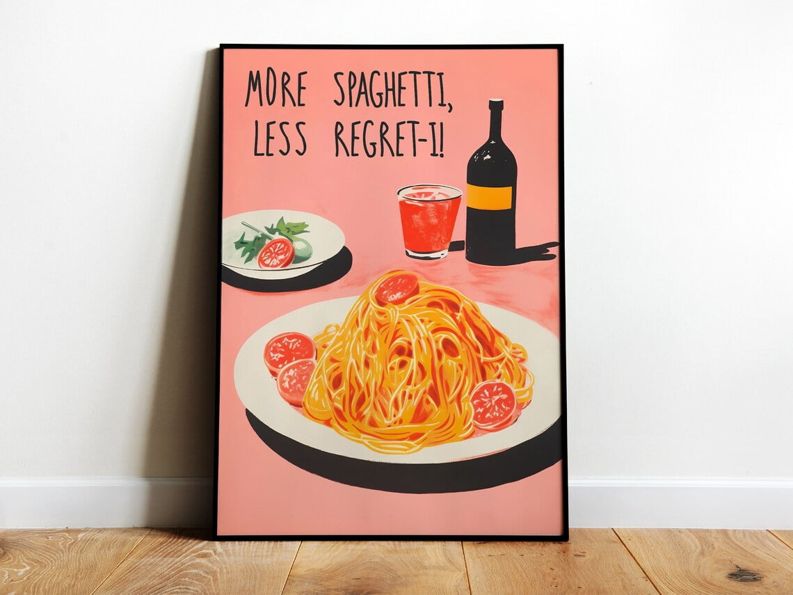 Spaghetti Poster Pink Kitchen Print Pasta Wall Art Kitchen Art Print ...