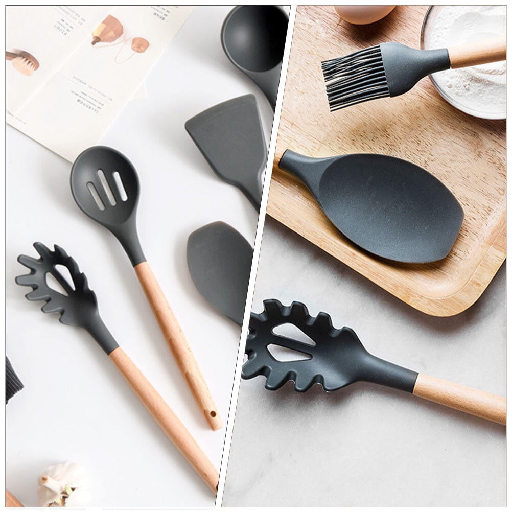 LULULION Grey Silicone Pasta Spoon with Wood Handle Ergonomic Noodle ...
