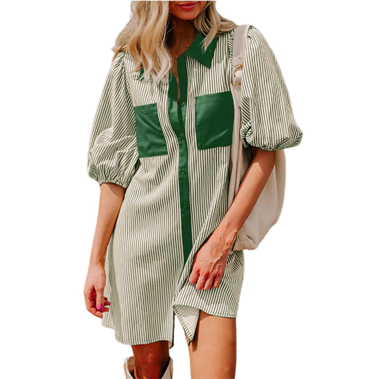 Spaghetti Strap Dresses For Women, Striped Shirt Dress Casual Puff Half ...