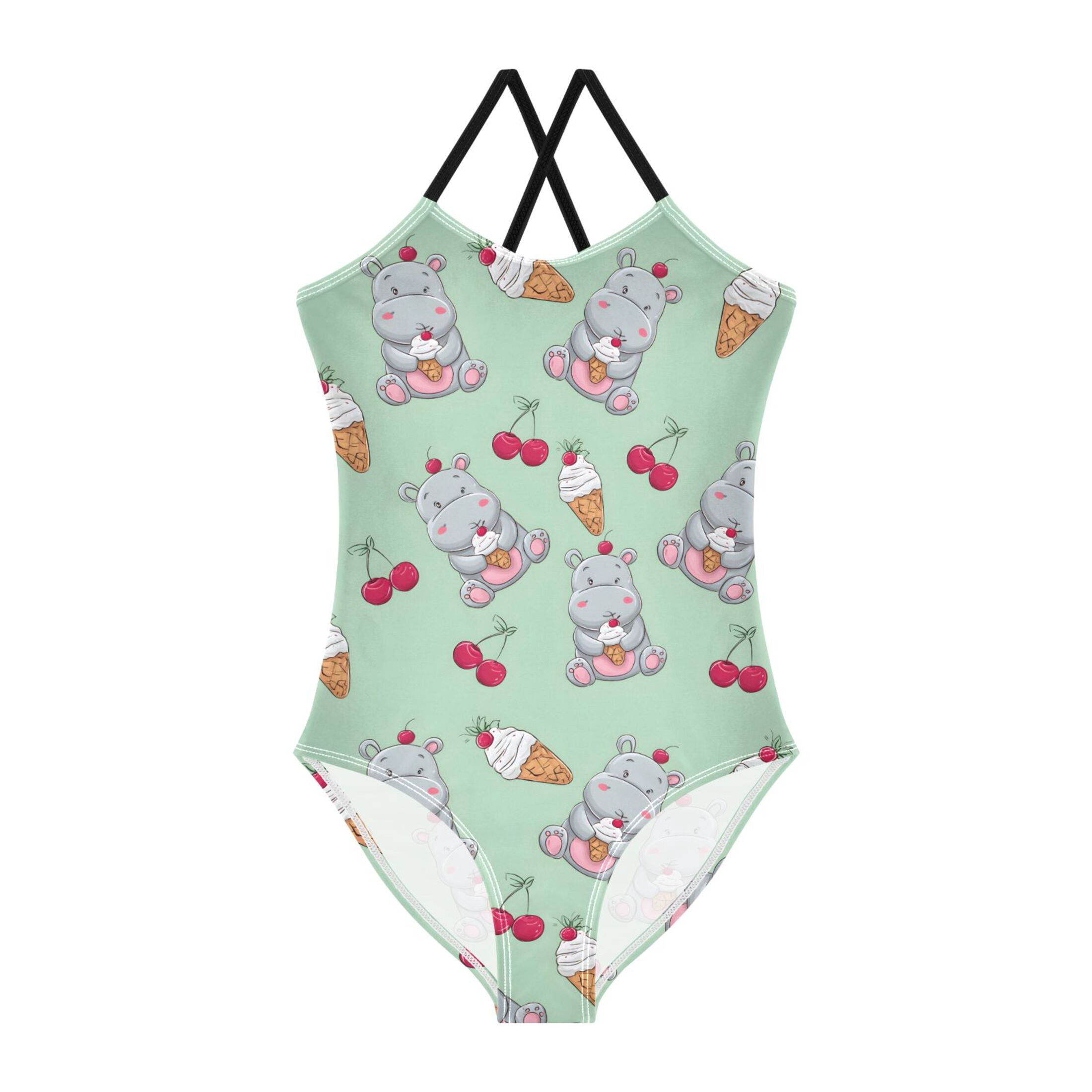 Spaghetti Strap Ice Cream Cherry One Piece Swimsuit Stretch Beach Sport ...