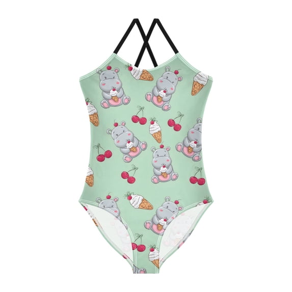 Spaghetti Strap Ice Cream Cherry One Piece Swimsuit Stretch Beach Sport ...