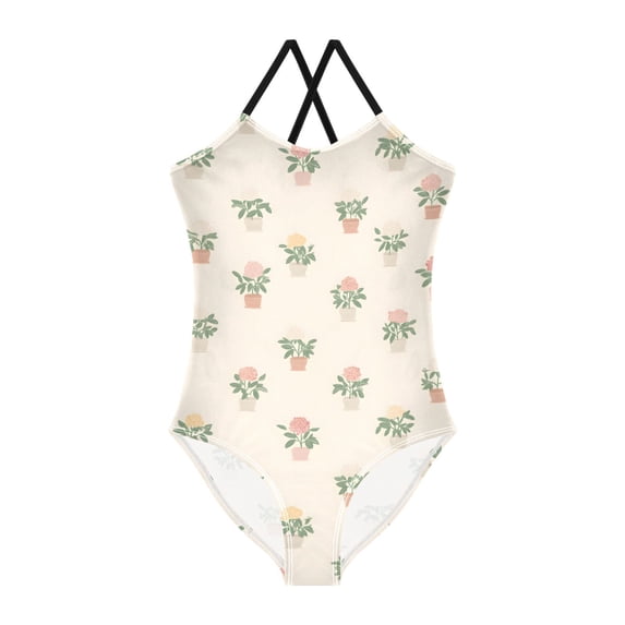 Spaghetti Strap Potted Plant One Piece Swimsuit Stretch Beach Sport ...