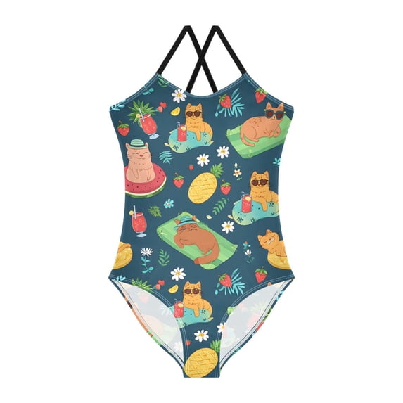 Spaghetti Strap Summer Cat One Piece Swimsuit Stretch Beach Sport ...