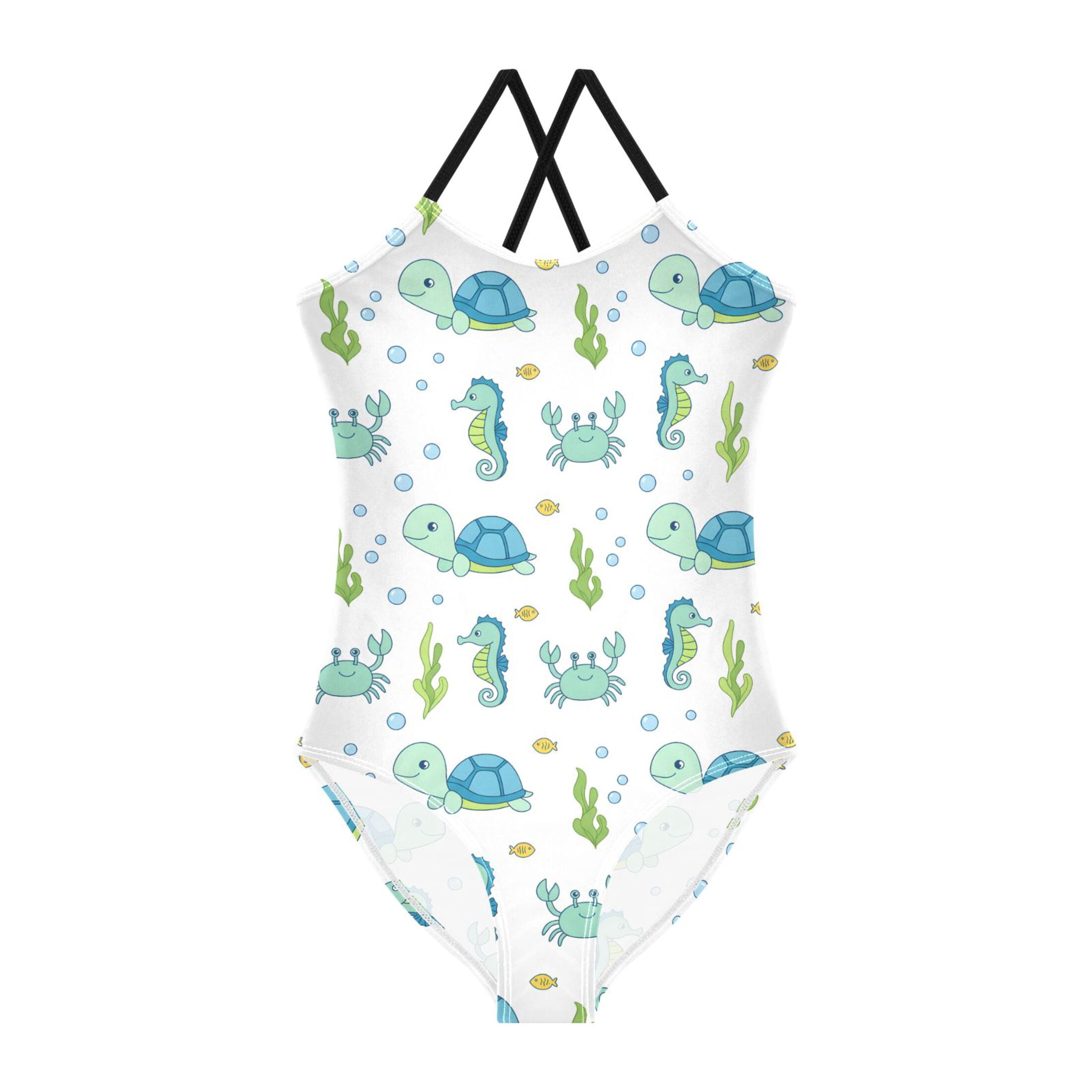 Spaghetti Strap Turtle Seahorse Crab One Piece Swimsuit Stretch Beach ...