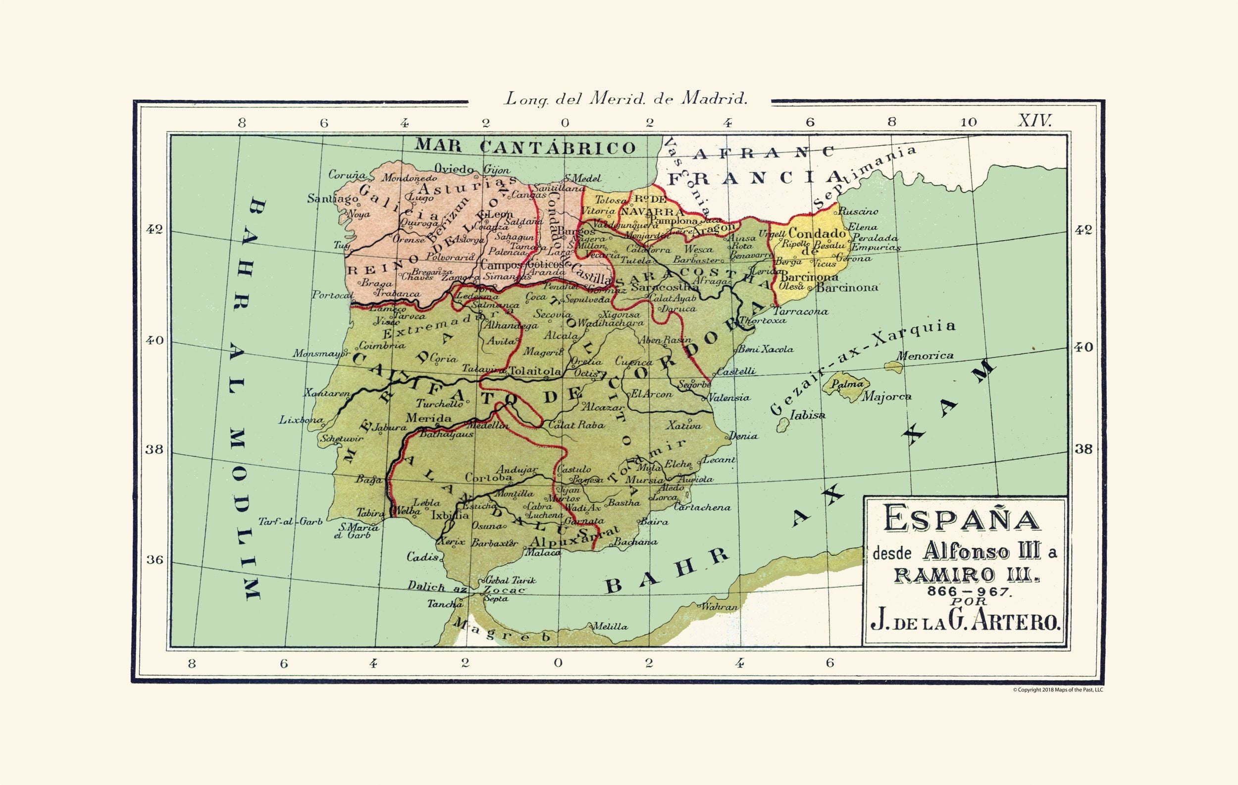 Historic Map - Spain 866 AD to 967 AD - Artero 1879 - 36.26 x 23 ...