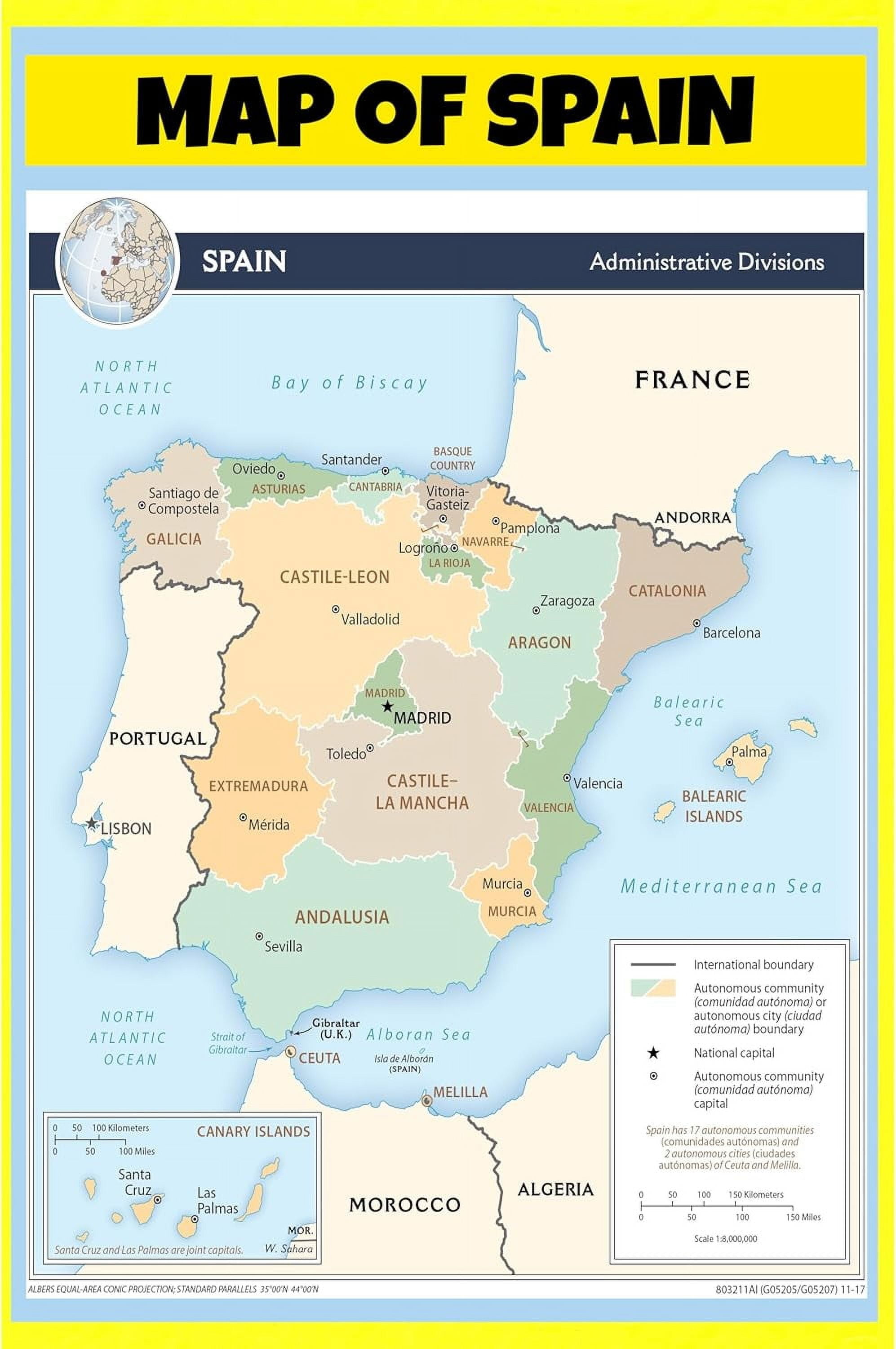Spain Map Poster - Laminated Wall Map - 36x60 - Ideal for Classrooms ...