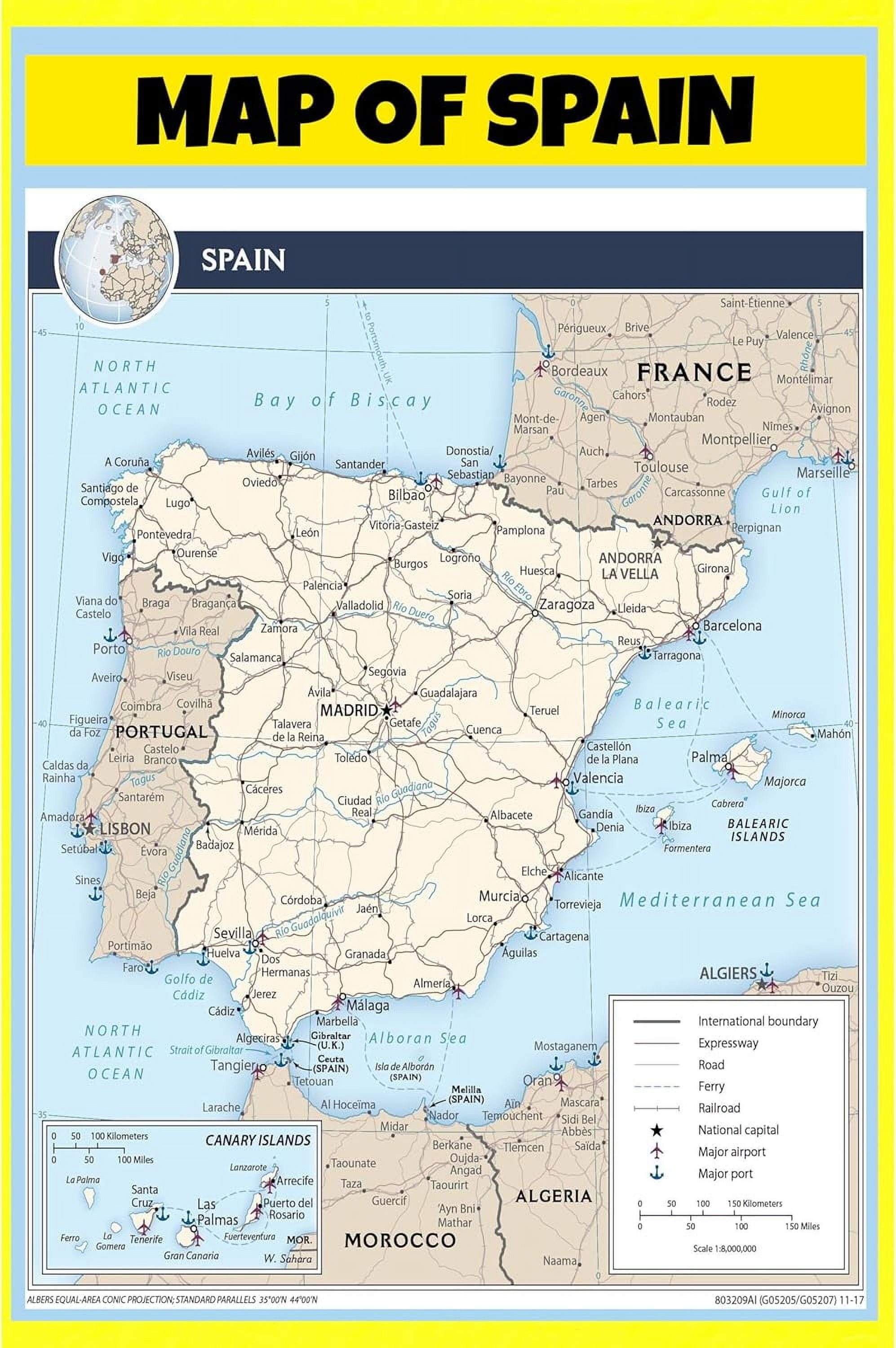 Spain Map Poster - Laminated Wall Map - Style A - 24x36 - Ideal for Classrooms and Homes ...
