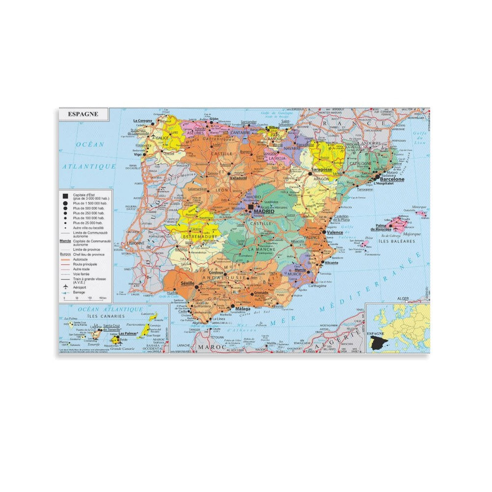 Spain Map Posters Home Decor Poster Wall Art Hanging Picture Print ...