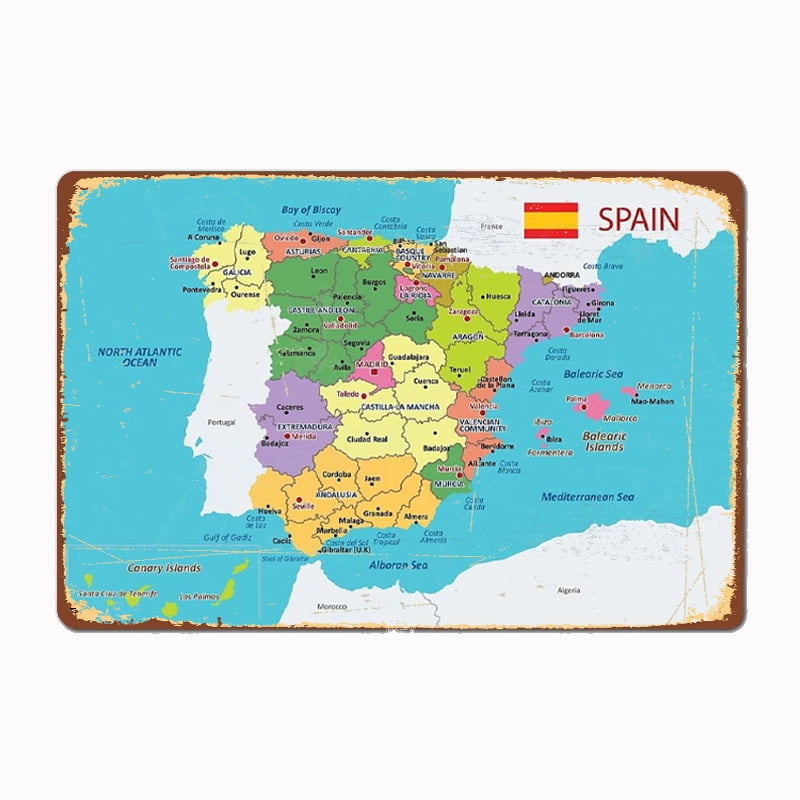Spain Map with Regions and Main Cities Metal Sign Mural Painting Cinema ...
