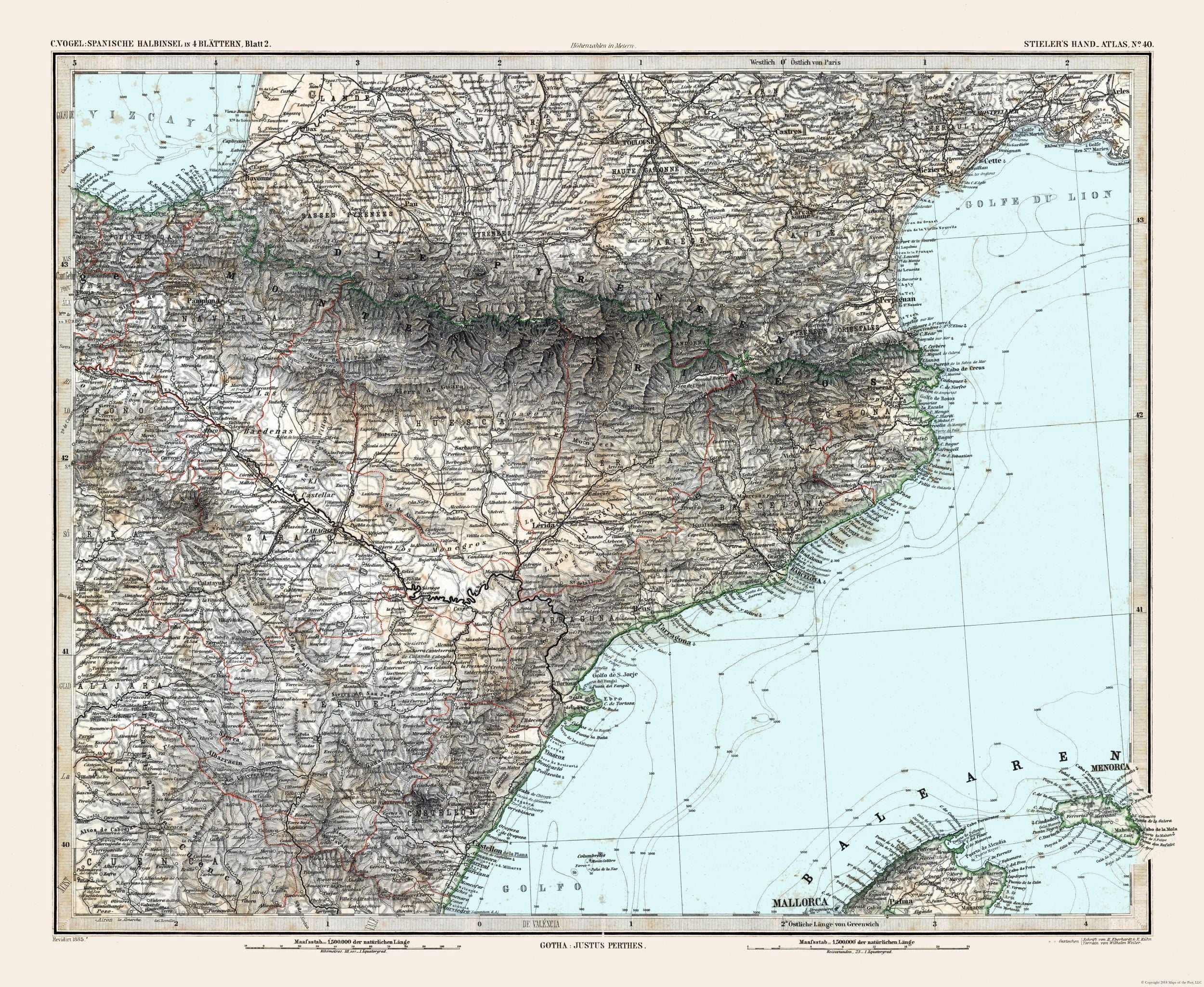 Historic Map - Spain Northeastern - Stieler 1885 - 27.07 x 23 - Vintage ...
