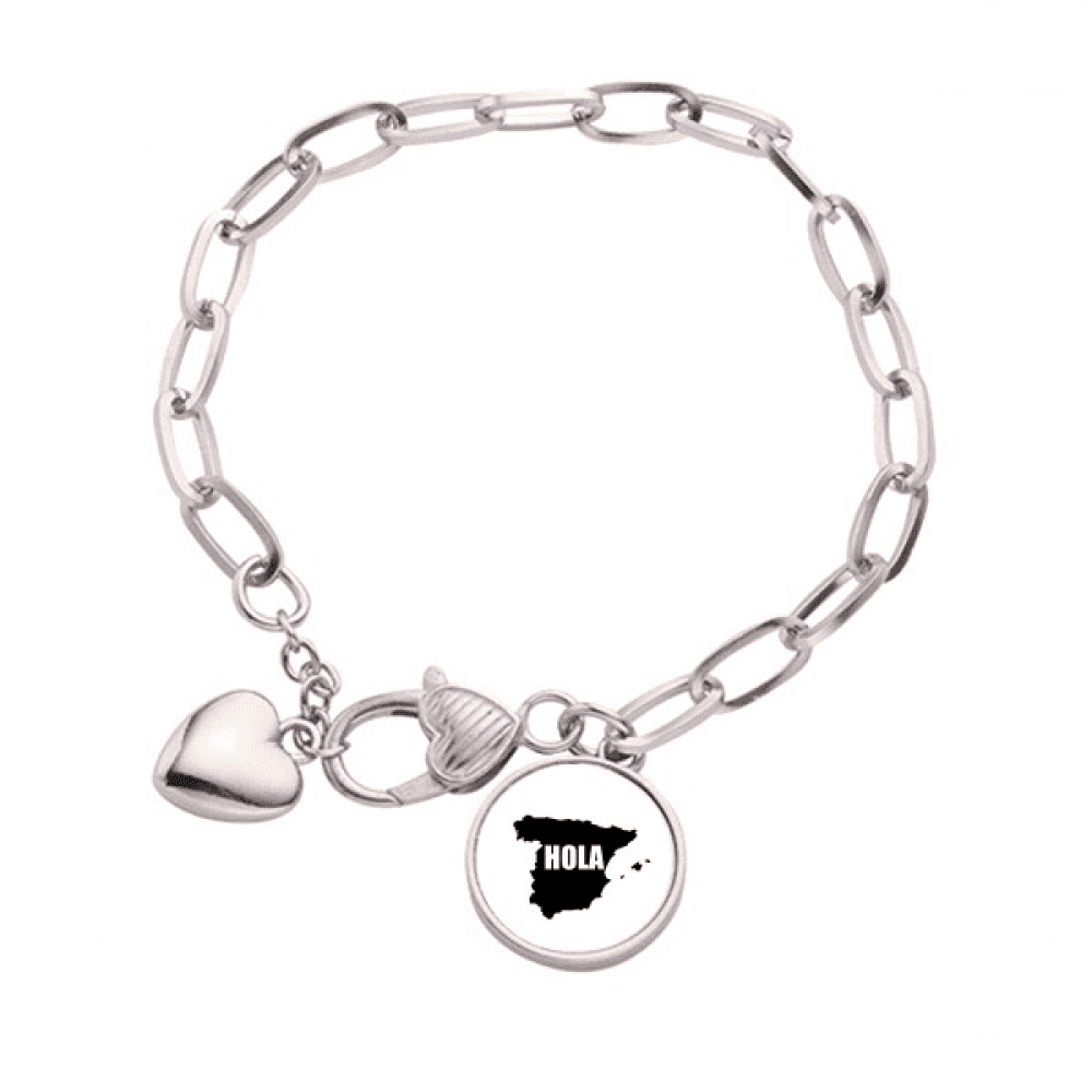 Spain Outline Map Hello Greetings Heart Chain Bracelet Jewelry Charm ...