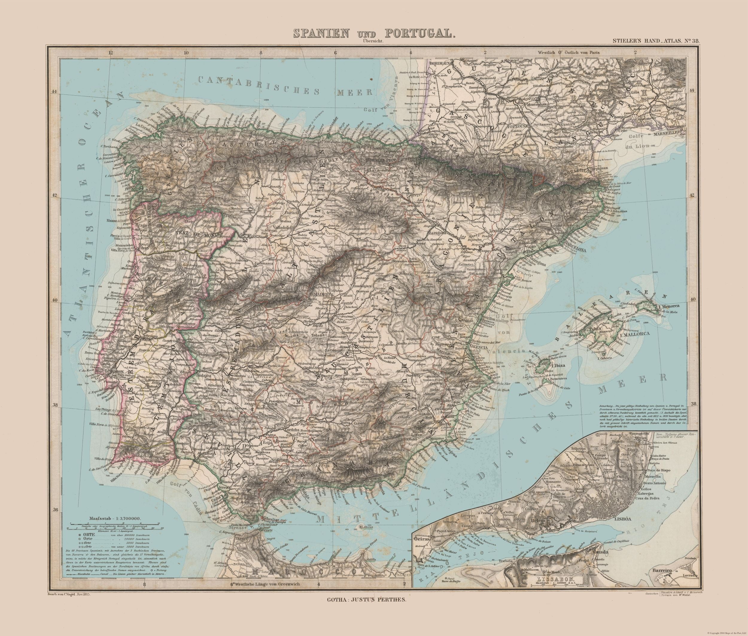 Historic Map - Spain Portugal - Stieler 1885 - 27.02 x 23 - Vintage Wall Art - Walmart.com