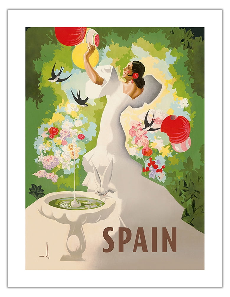 Spain - Spanish Dancer with Fountain and Birds - Vintage Travel Poster ...