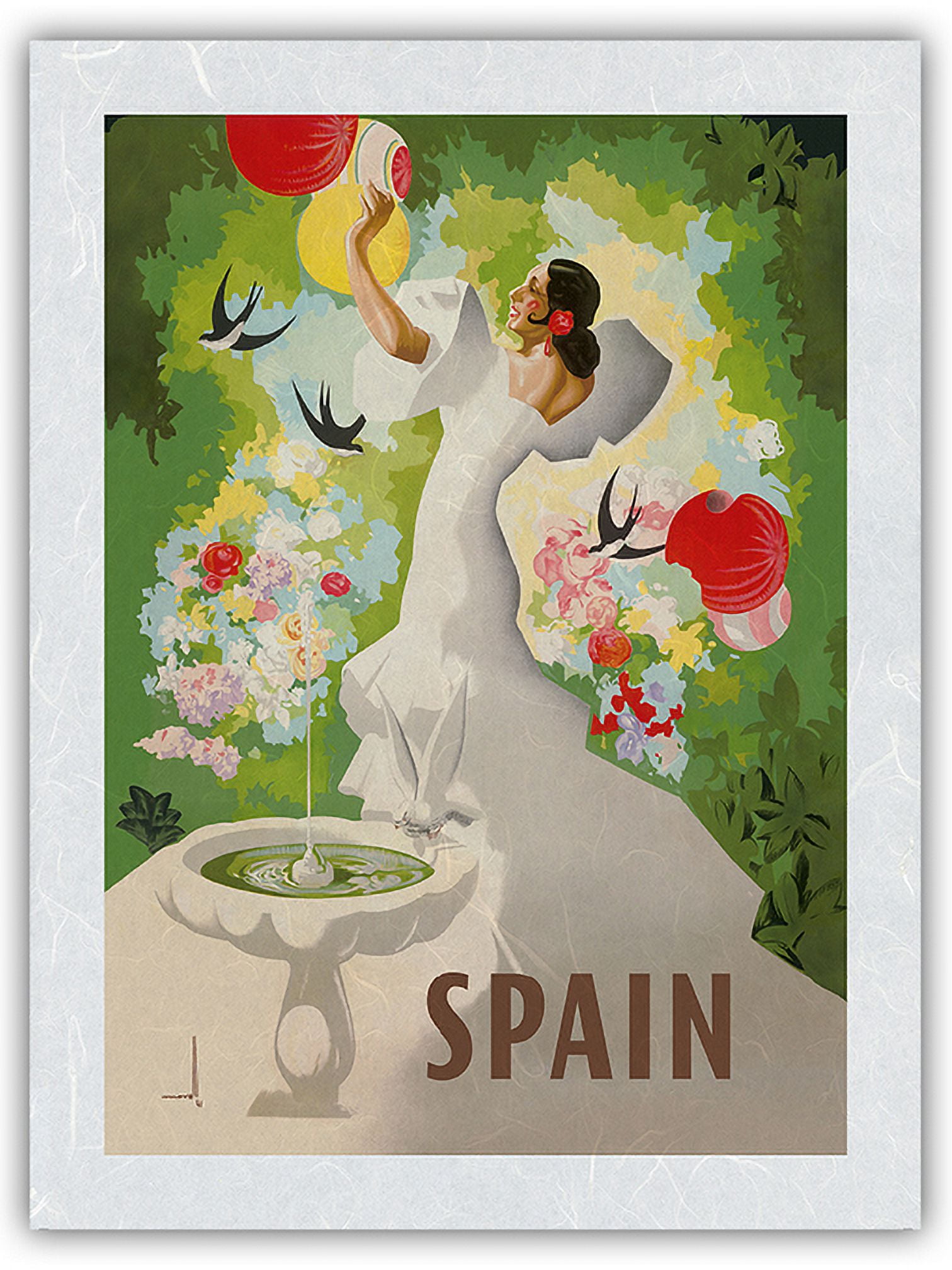 Spain - Spanish Dancer with Fountain and Birds - Vintage Travel Poster ...
