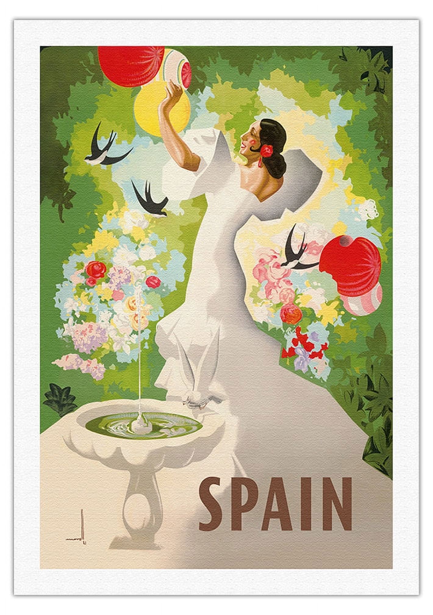 Spain - Spanish Dancer with Fountain and Birds - Vintage Travel Poster ...