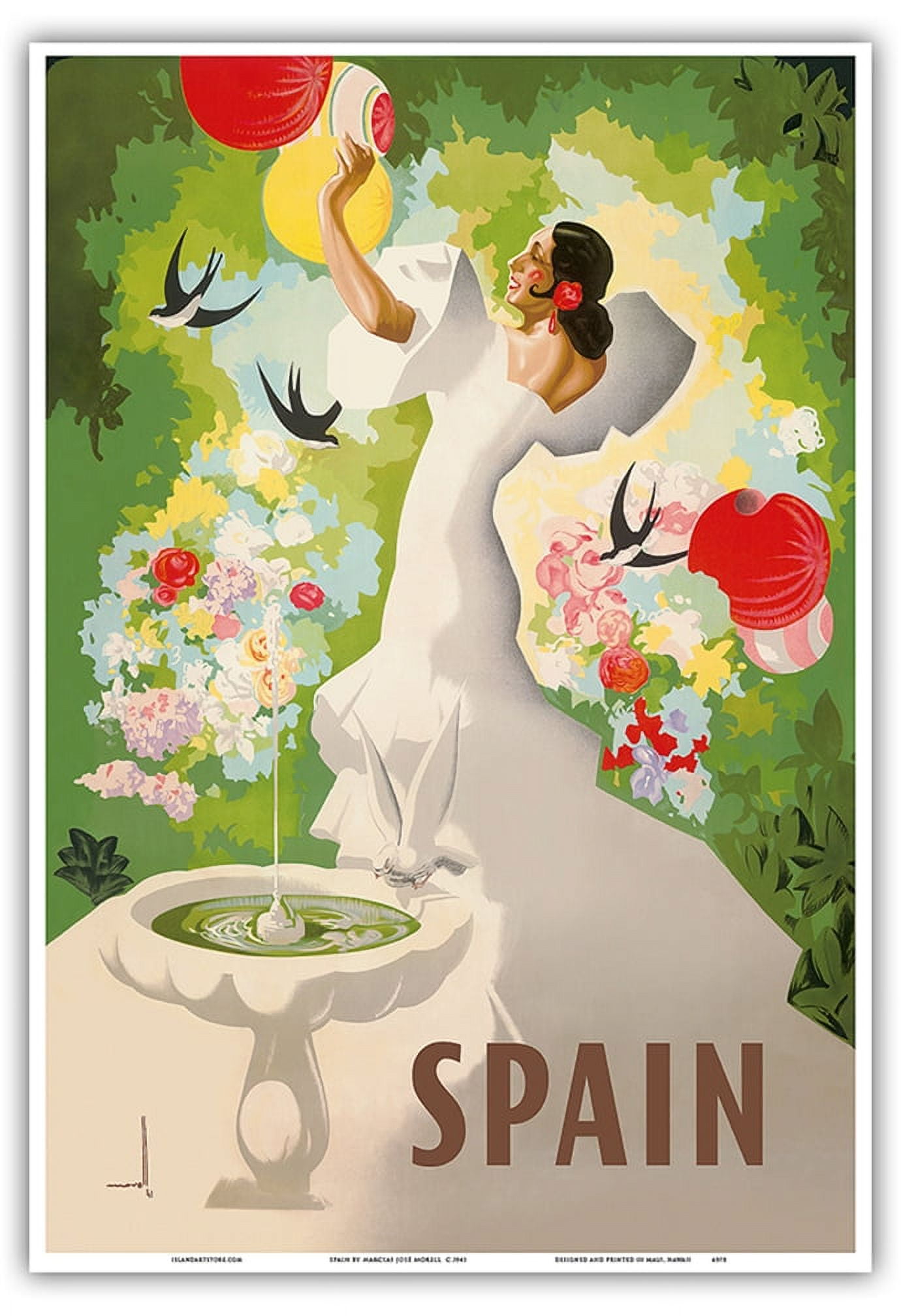 Spain - Spanish Dancer with Fountain and Birds - Vintage Travel Poster ...