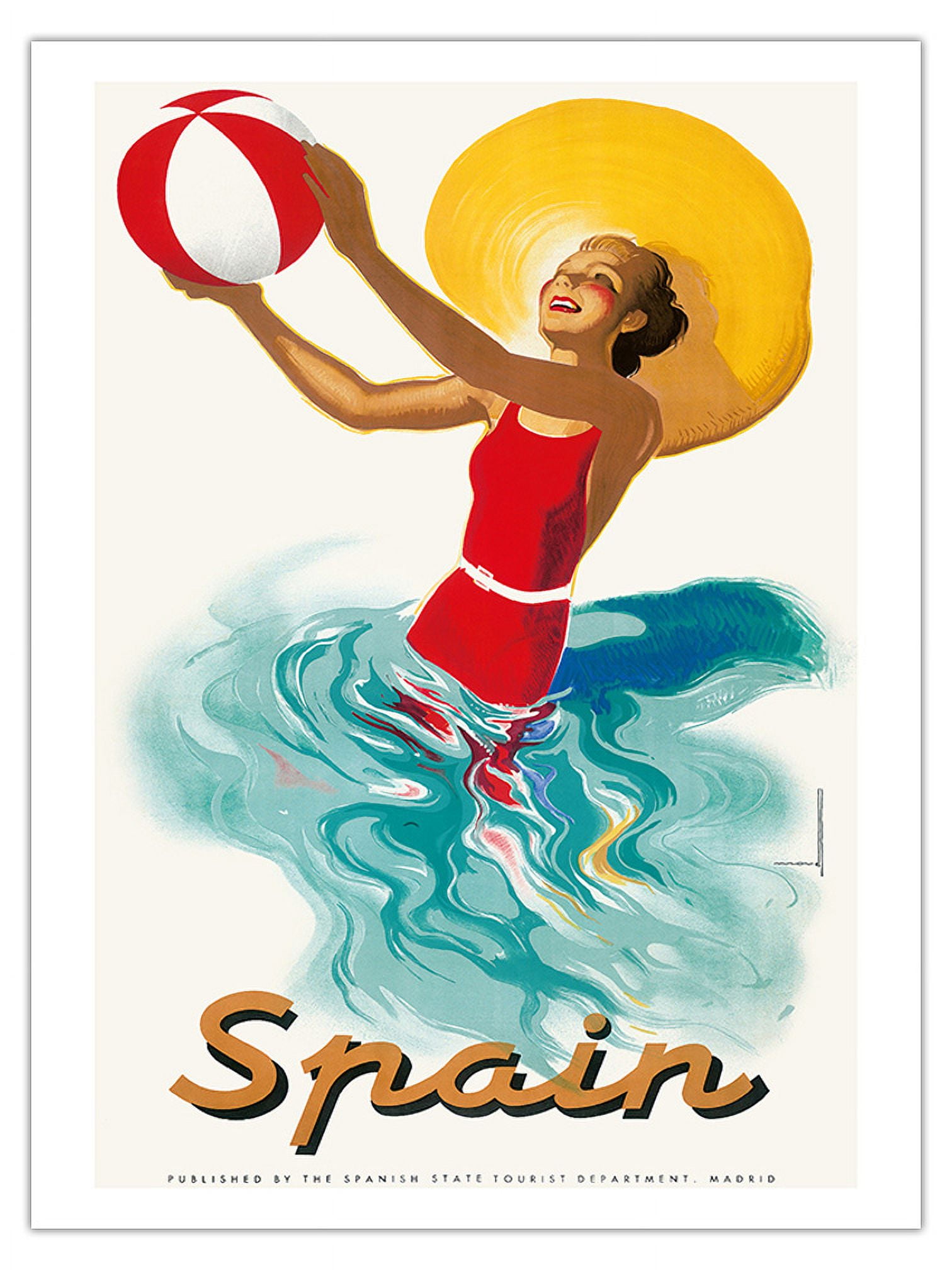 Spain - Spanish Woman Bather with Beach Ball - Vintage Travel Poster by ...