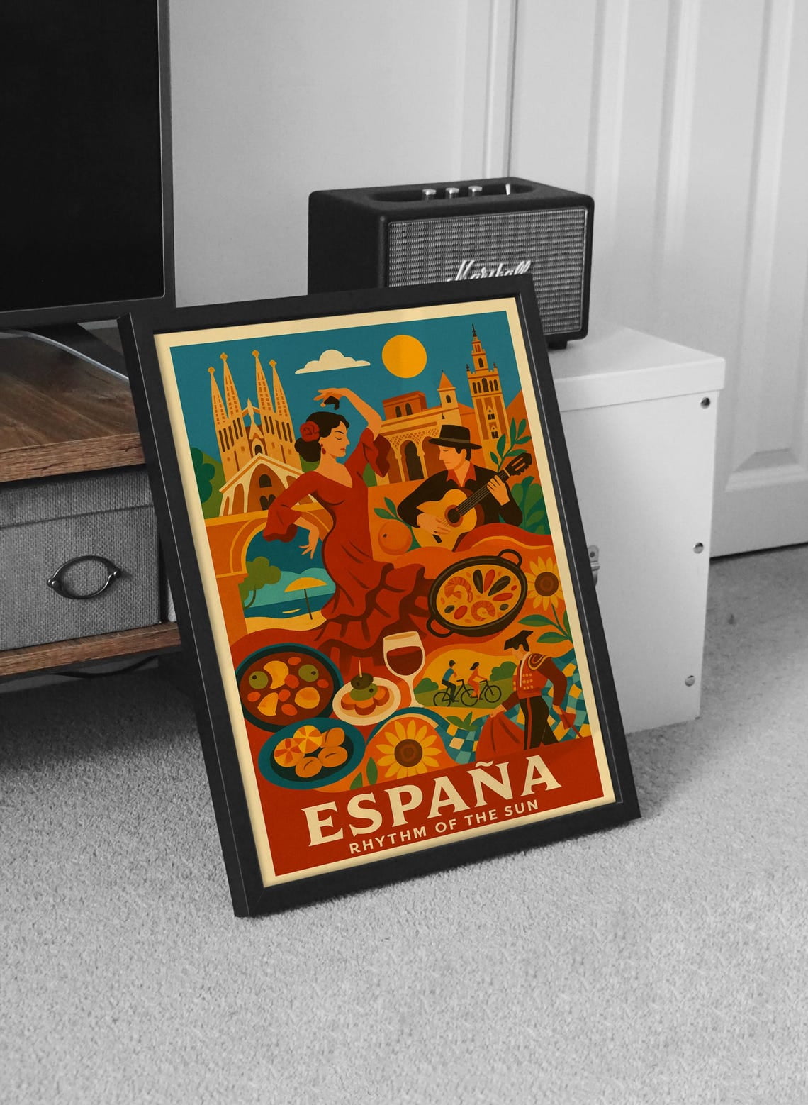 Spain Travel Poster – Flamenco Dancer & Paella Print, Spanish Wall Art ...