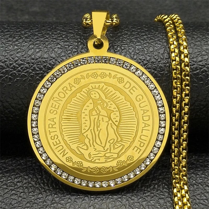 Spainsh Our Lady of Guadalupe Medal Necklace for Men Women 14K Yellow ...