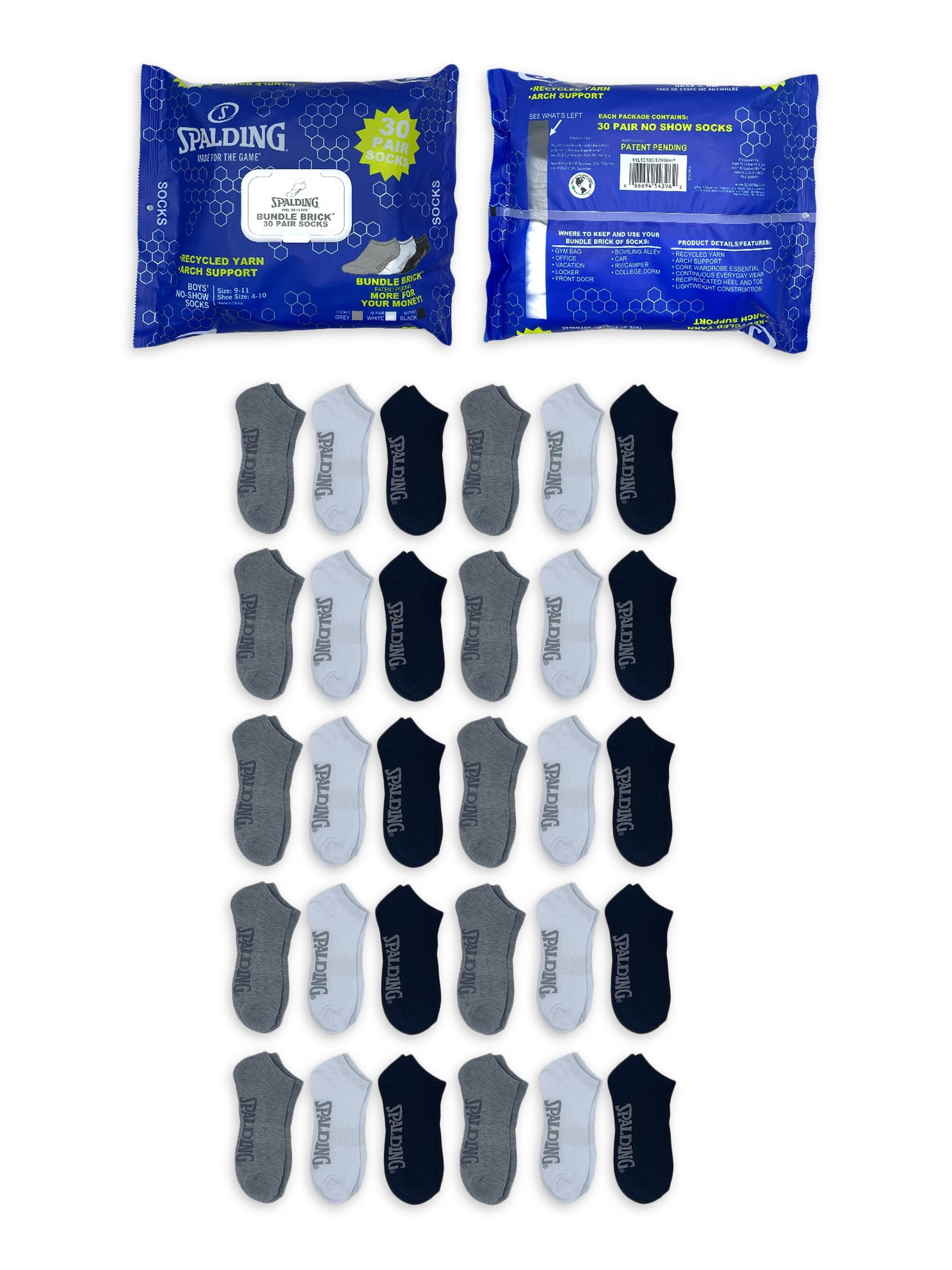 Spalding Boys No-Show Socks, 30-Pack, Sizes 3.5-10 - Walmart.com
