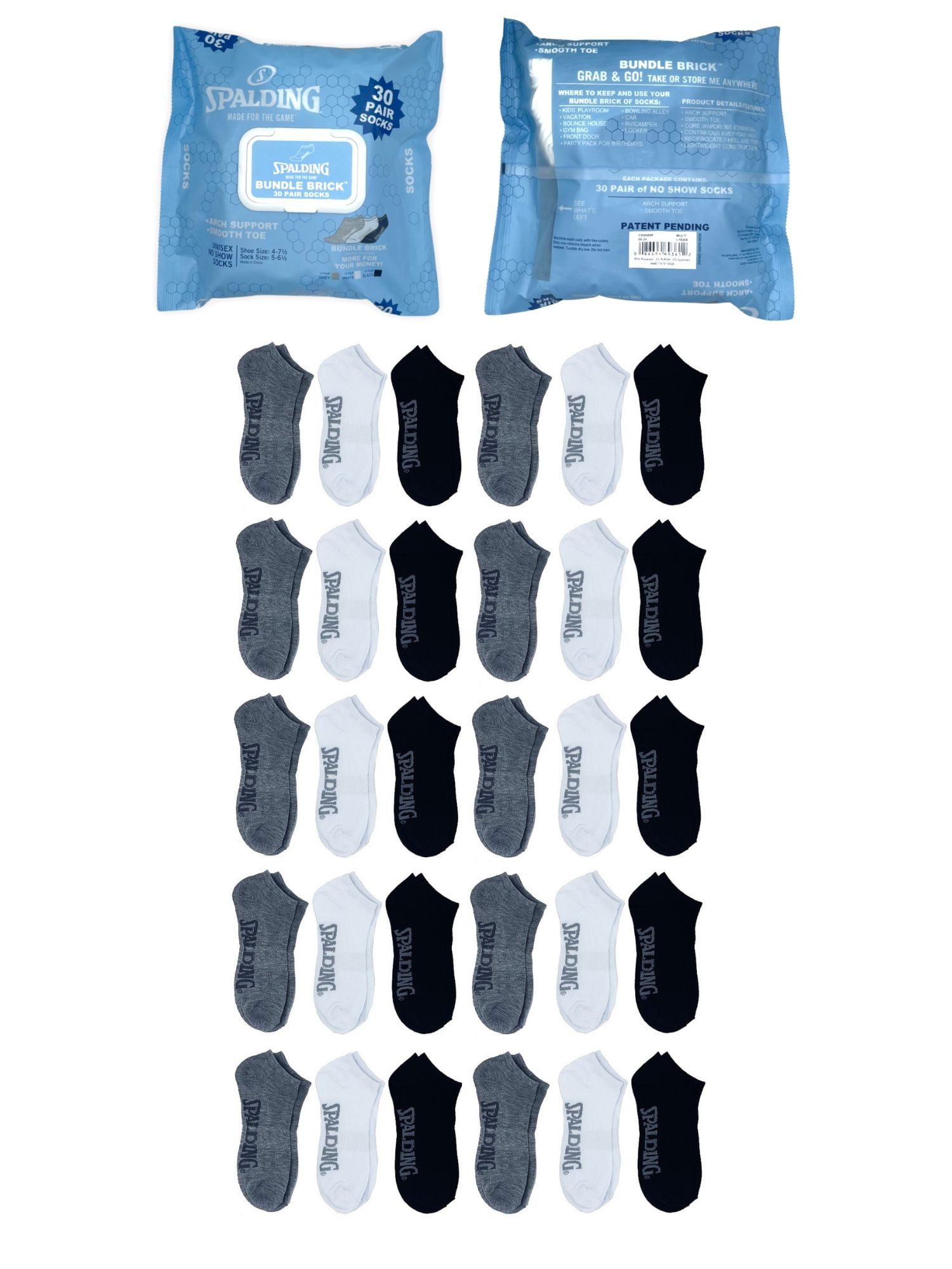 Spalding Kid's Bundle Brick No-Show Socks, 30-Pack, Sizes 4-10 ...