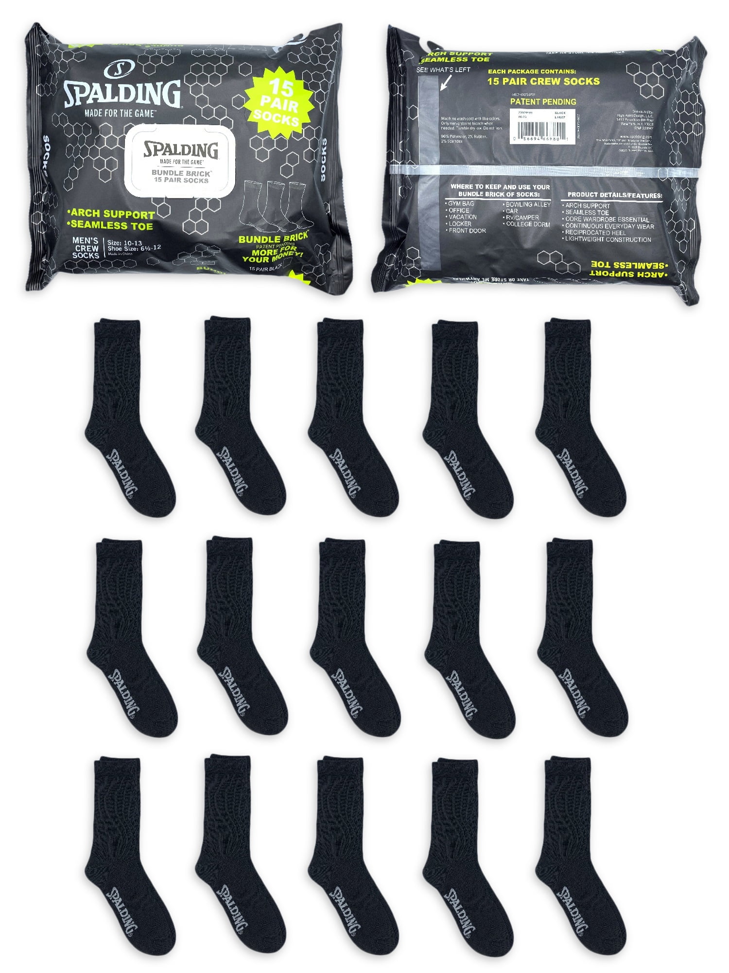 Spalding Men's Black Crew Socks, 15-Pack, Sizes 6.5-12 - Walmart.com