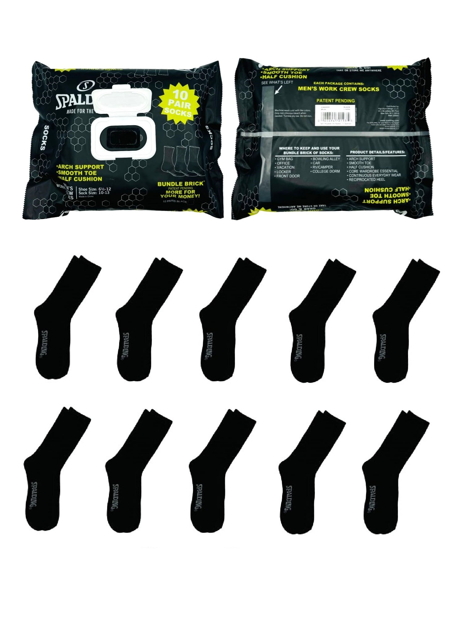 Spalding Men's Black Work Crew Socks, 10-Pack, Sizes 6.5-12 - Walmart.com