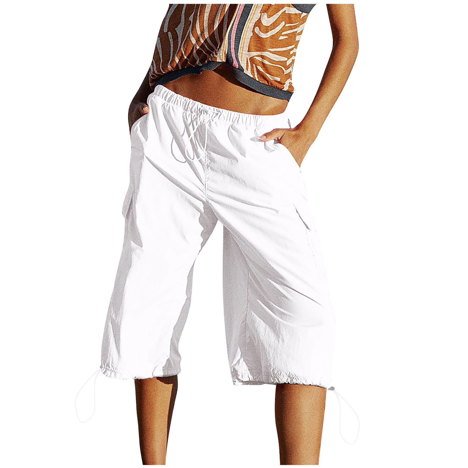 Spandex Cotton Capris Women Wide Leg Cargo Pants with Pockets ...