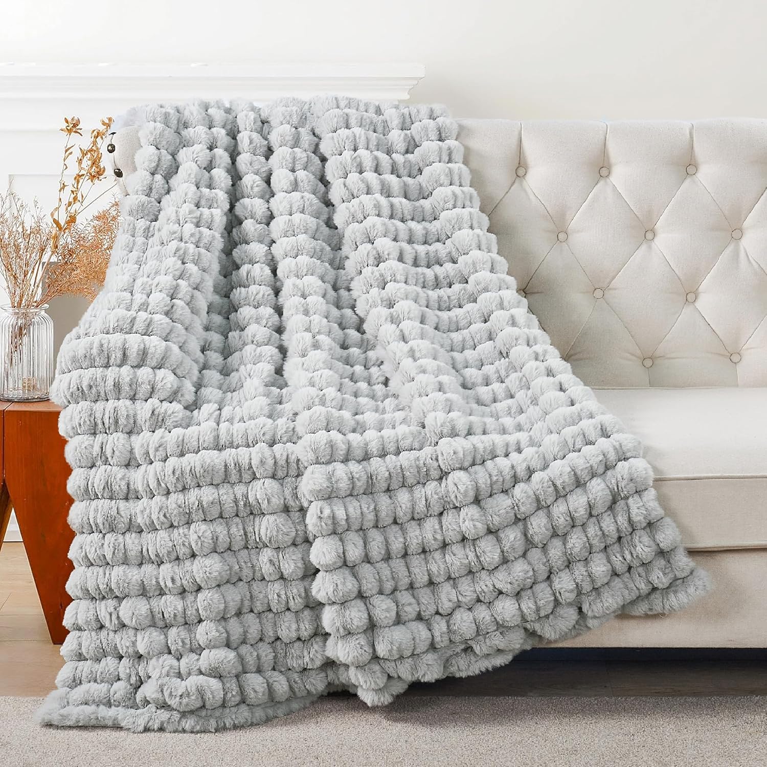 Spandex Ruched Bubble Faux Fur Throw Blanket with Velvet Back ...