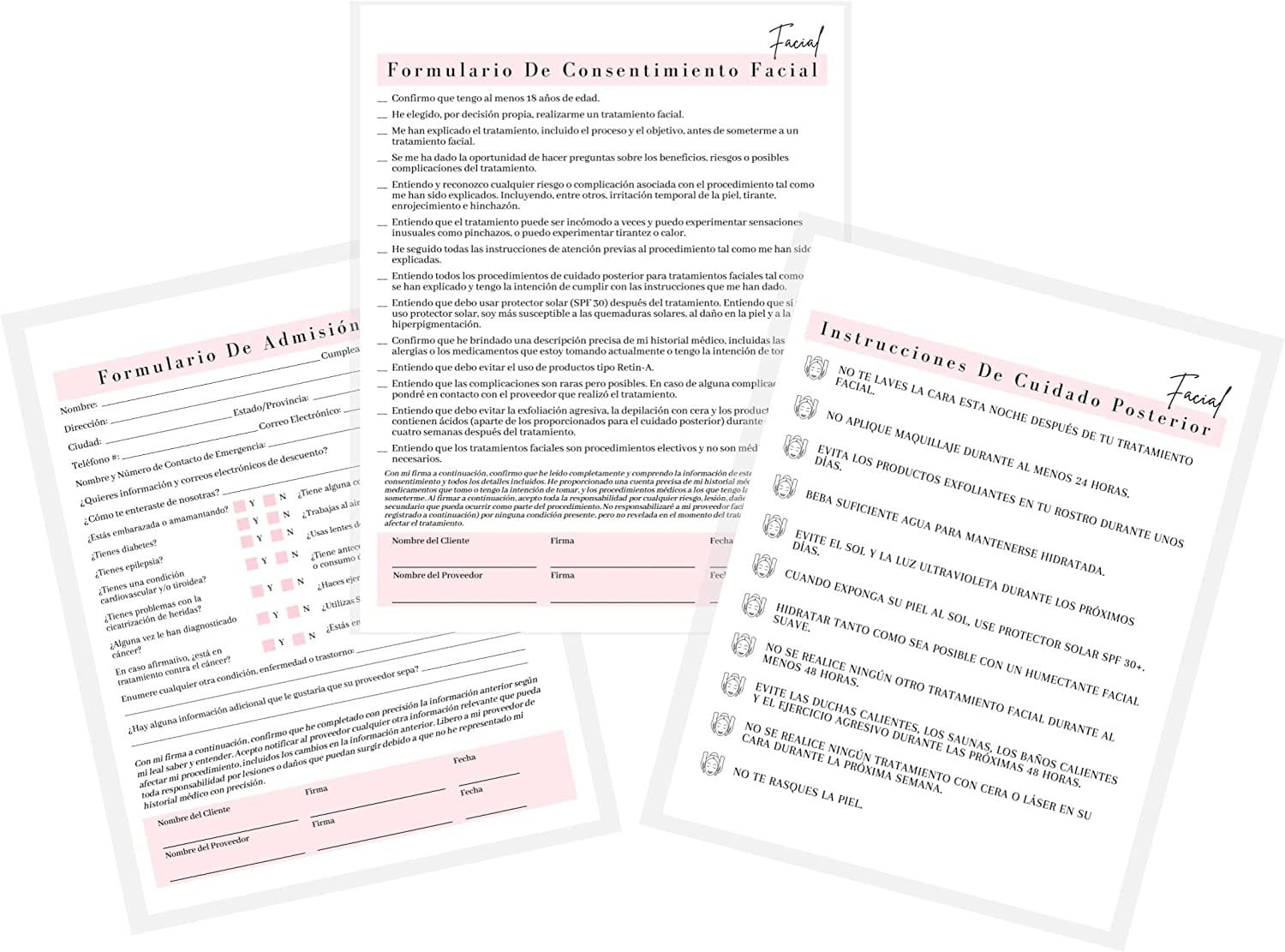 Spanish Facial Consent Form, Intake Form, Aftercare Form 75 Pack 8.5x11 ...
