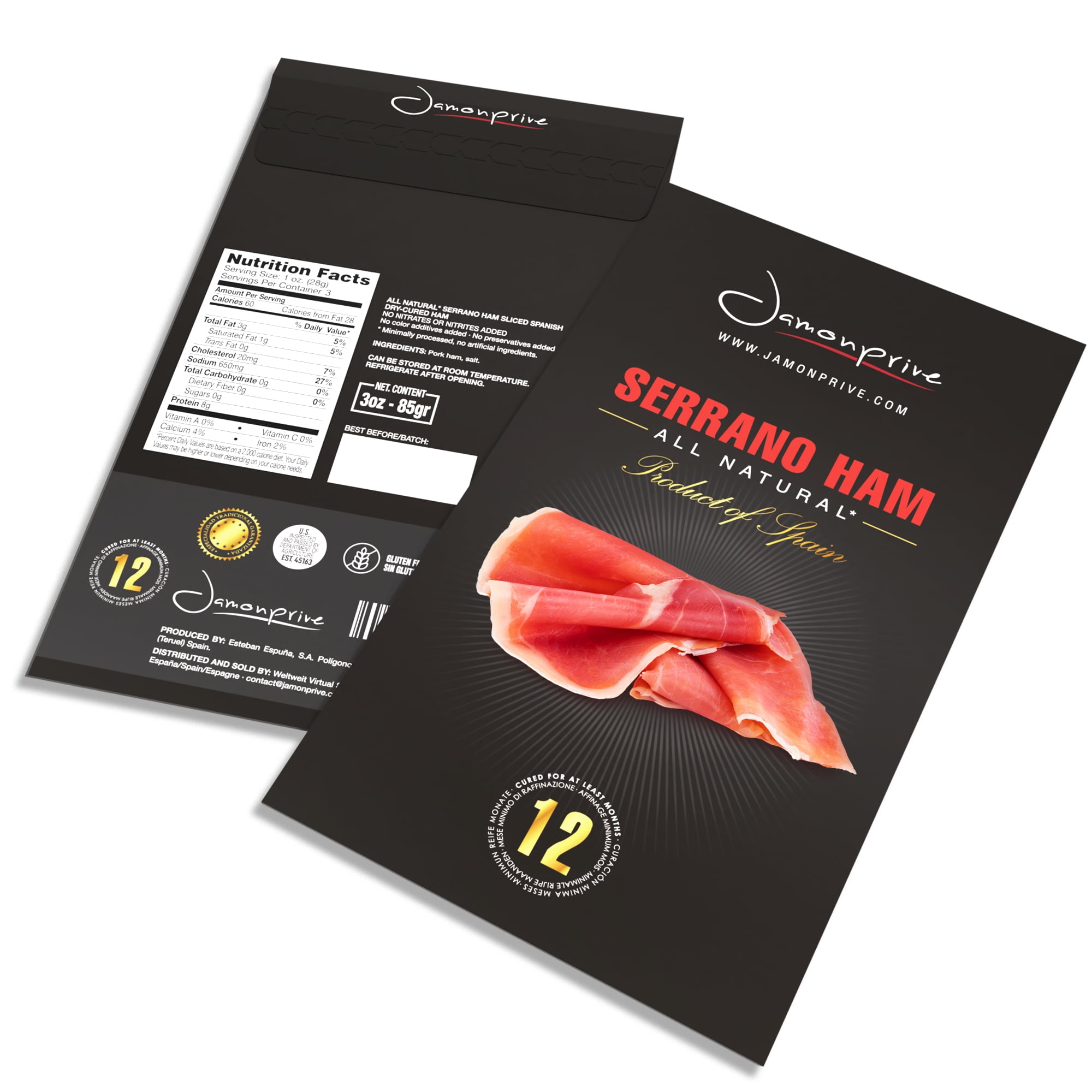 Spanish Serrano Ham Sliced Dry-Cured (12oz) - Gluten Free (3 oz Each ...