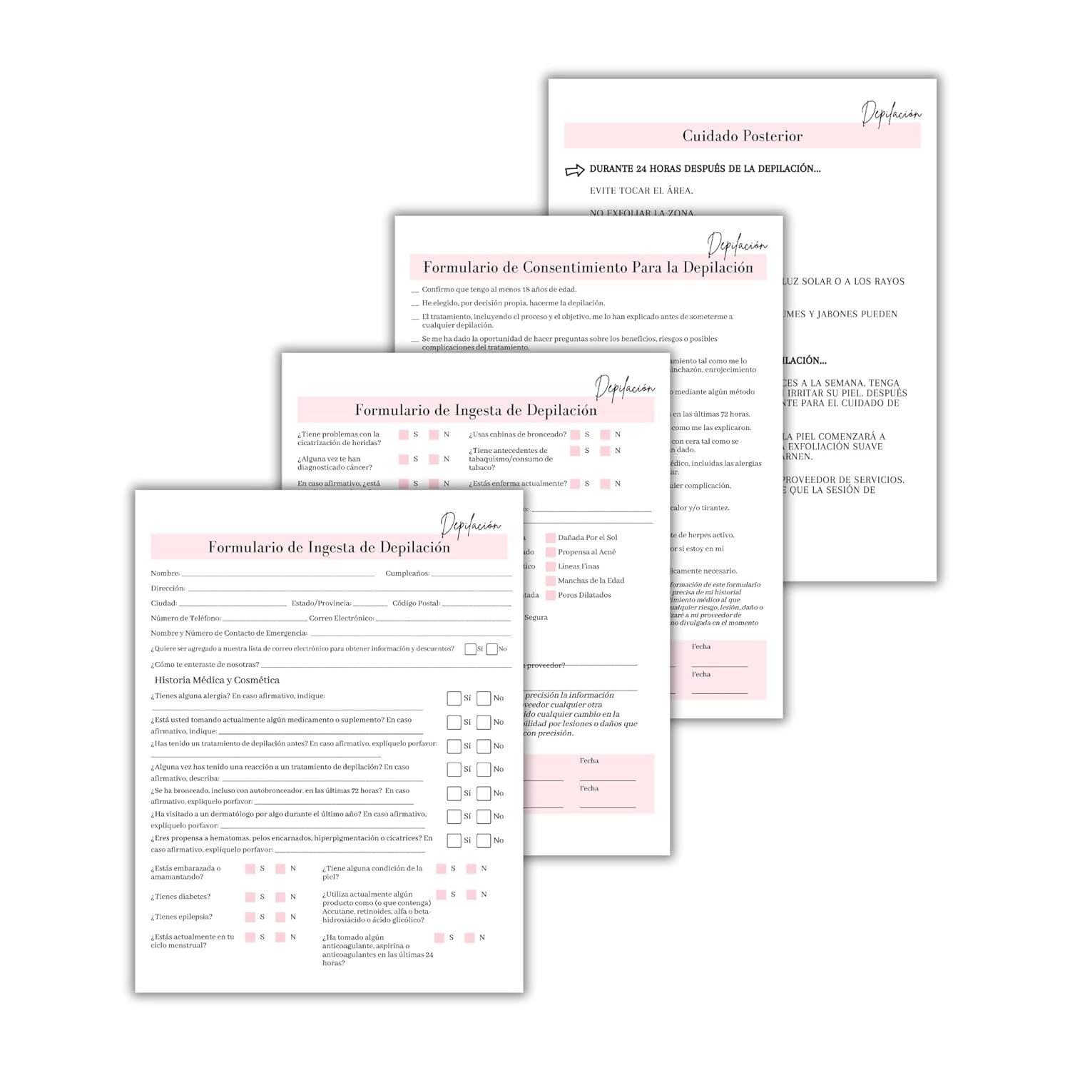 Spanish Waxing Consent, Intake, Aftercare and Consultation Forms 75 pk ...