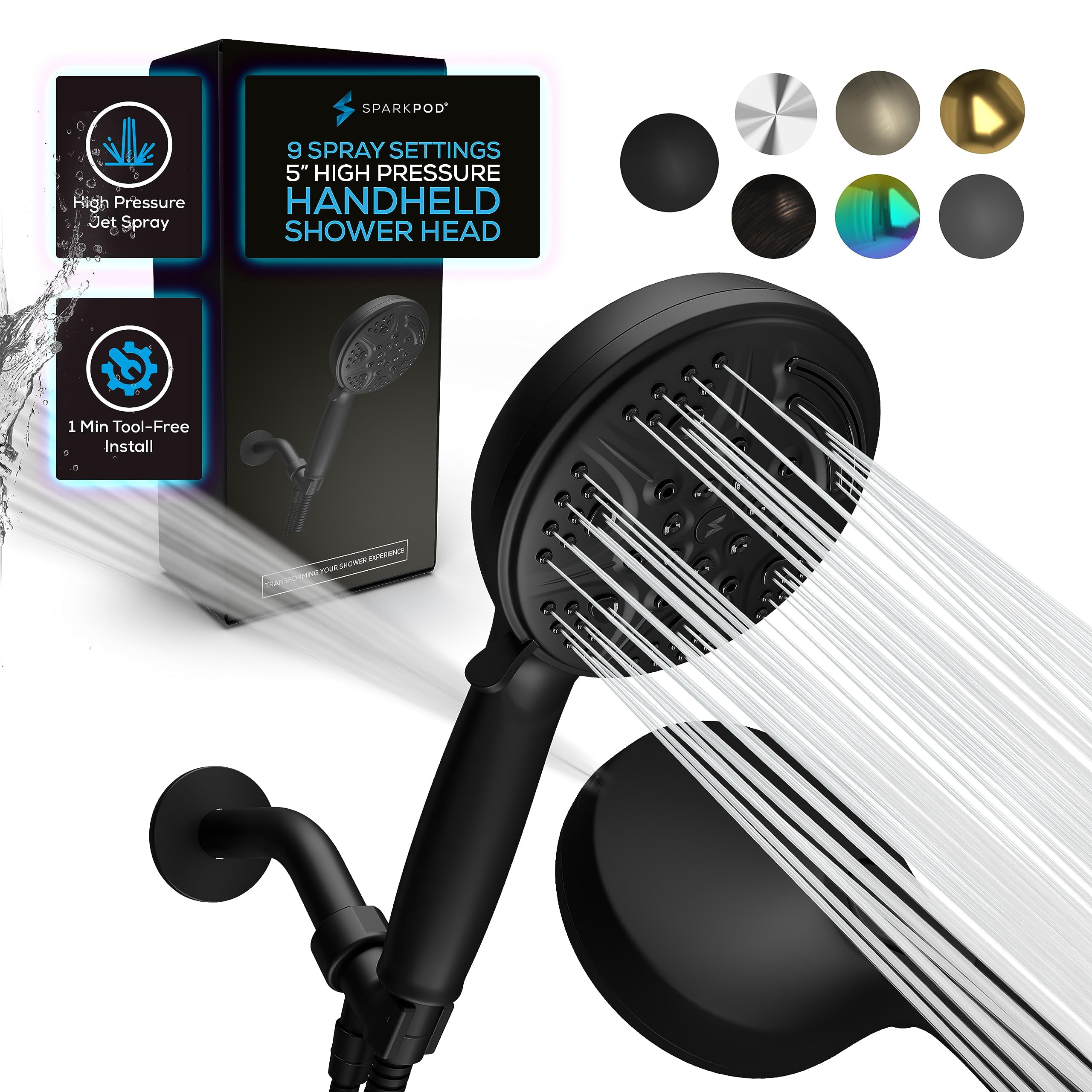 SparkPod 5 Inch 9 Spray Setting Handheld Shower On/Off Switch Feature ...